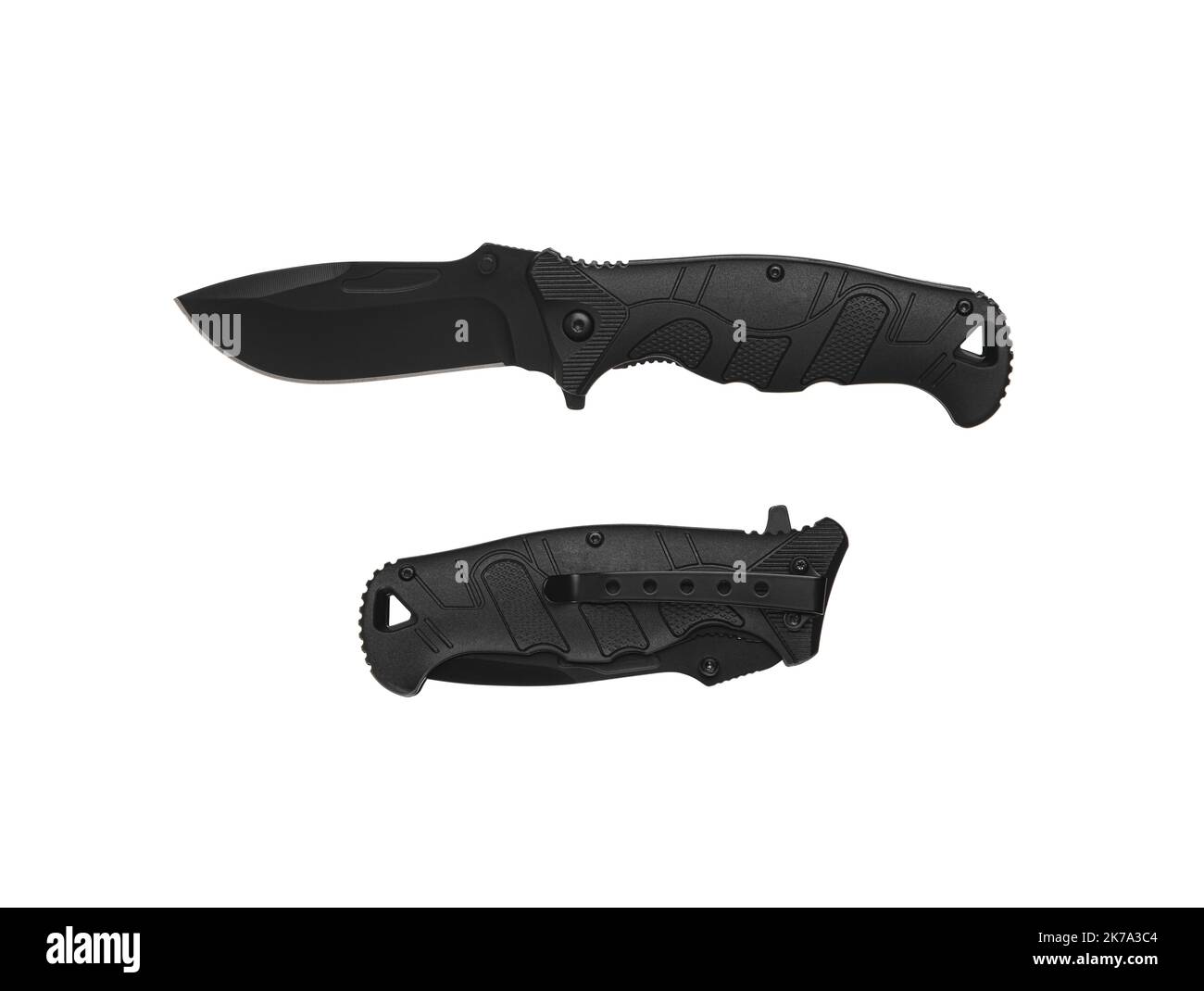 Pocket black folding knife isolate on white background. Compact metal ...