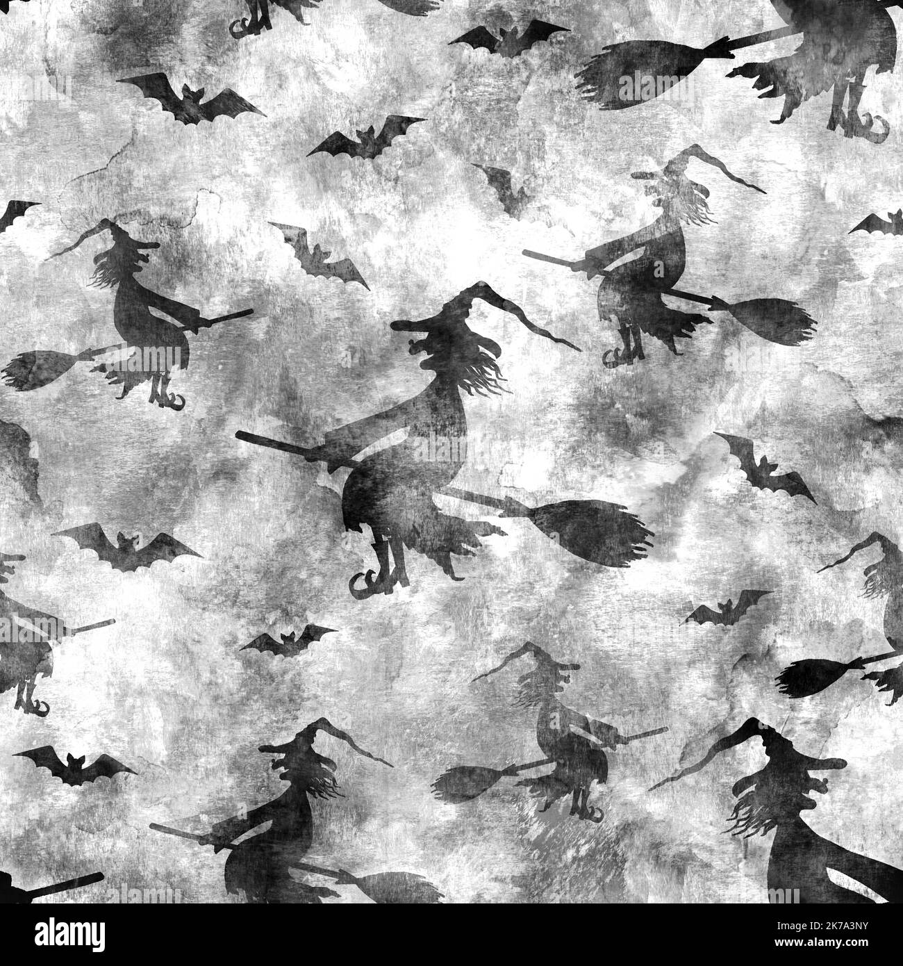 Silhouettes of smiling wicked witches flying on broomsticks. Grunge ...