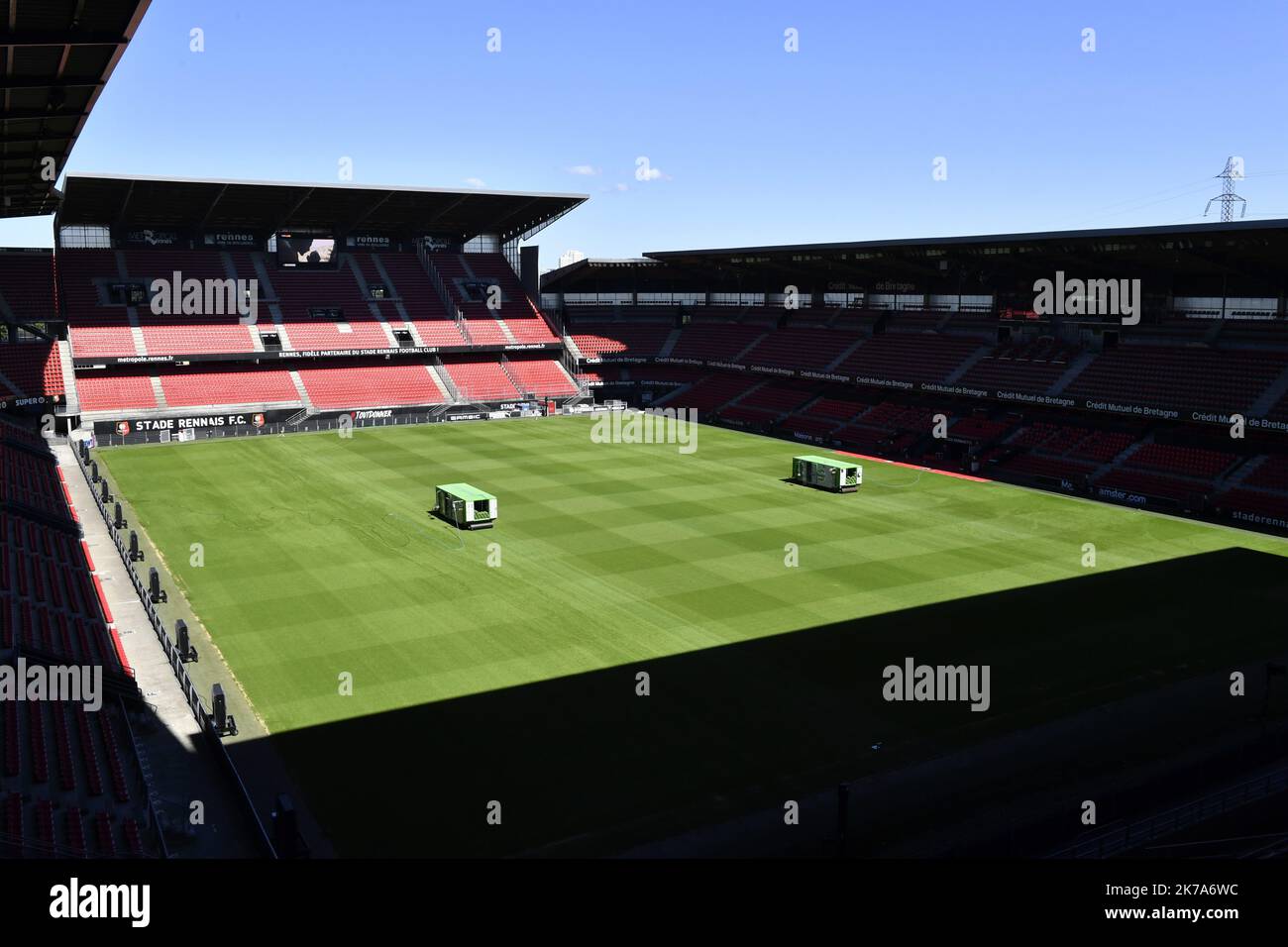 A hybrid lawn is installed at the Roazhon Park, where synthetic fibres ...