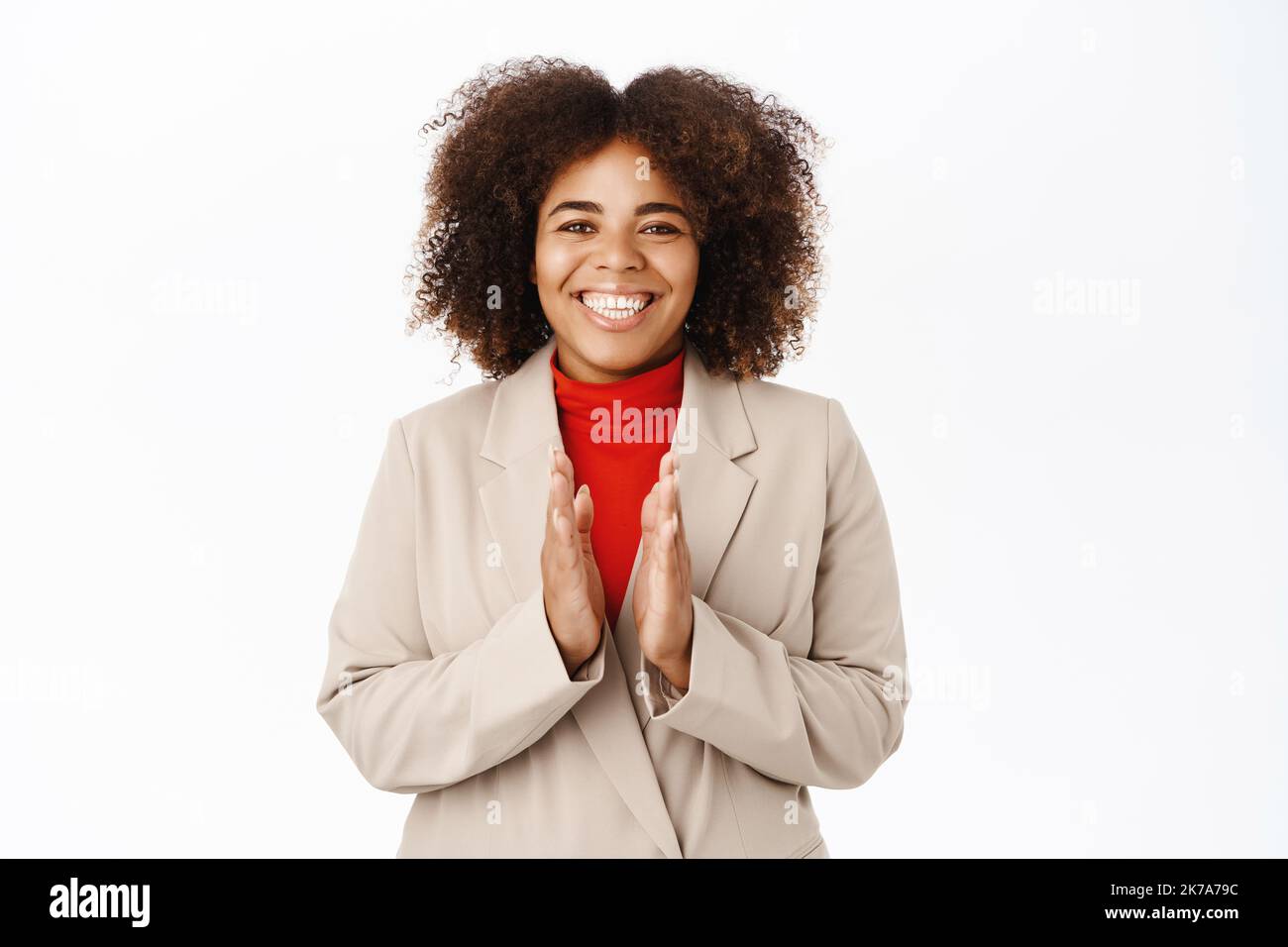 Good job, well done. Smiling african american businesswoman clap hands ...