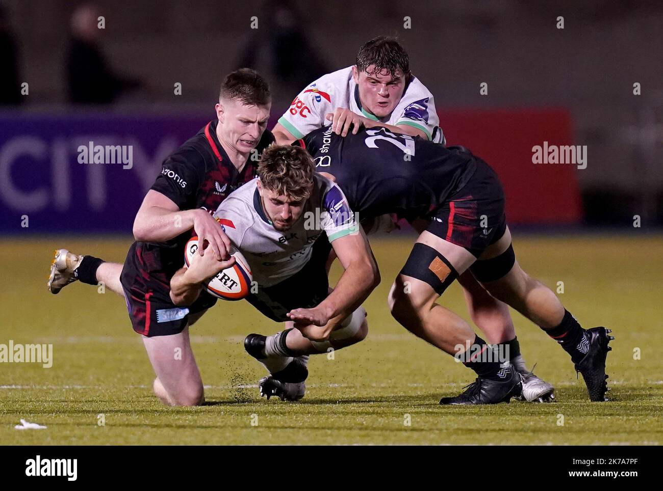London Irish’s Jack Cooke is tackled by Saracen’s Sam Bryan during the ...