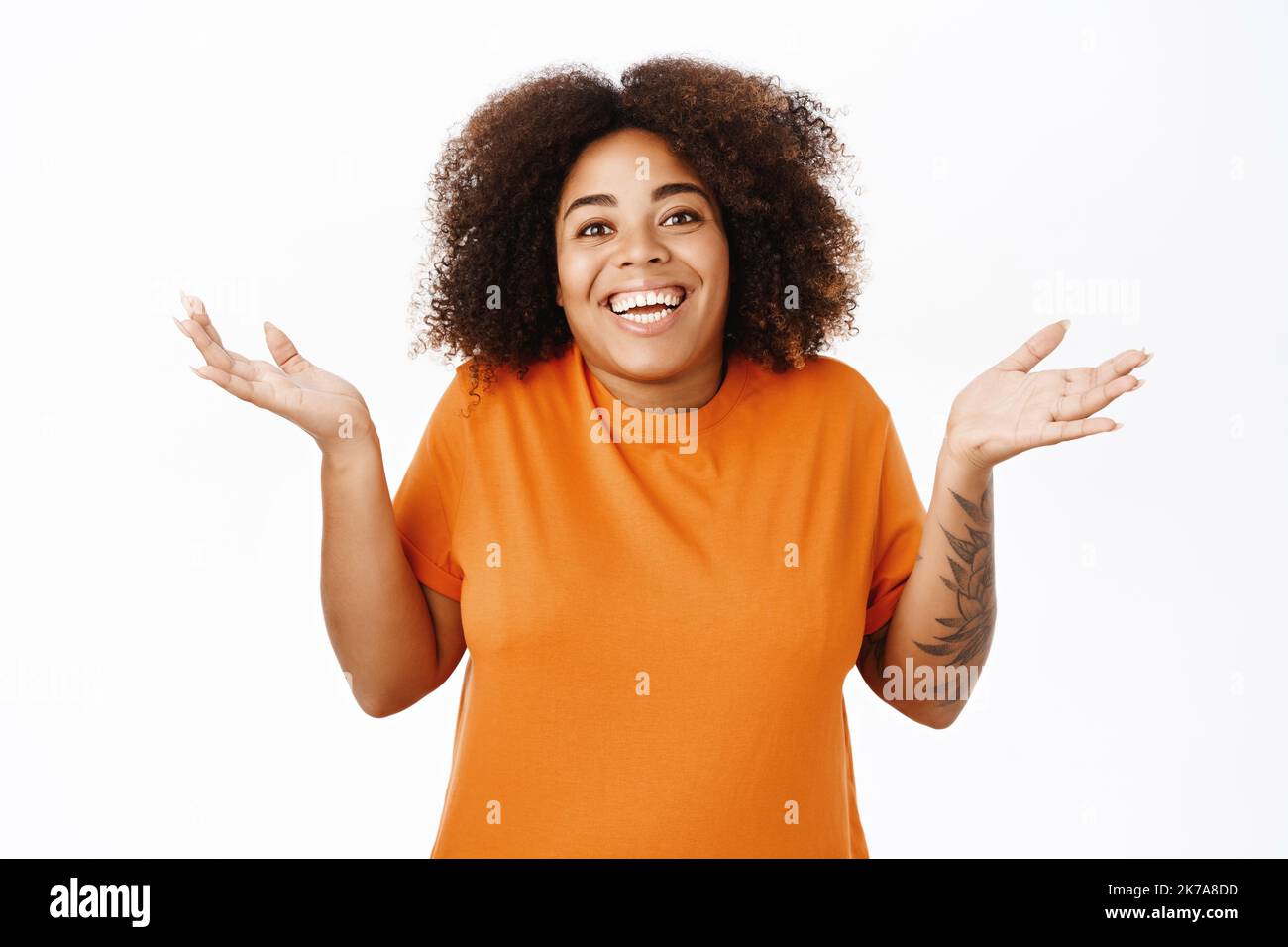 I dont know. Unbothered laughing woman shrugs shoulders, looks clueless ...