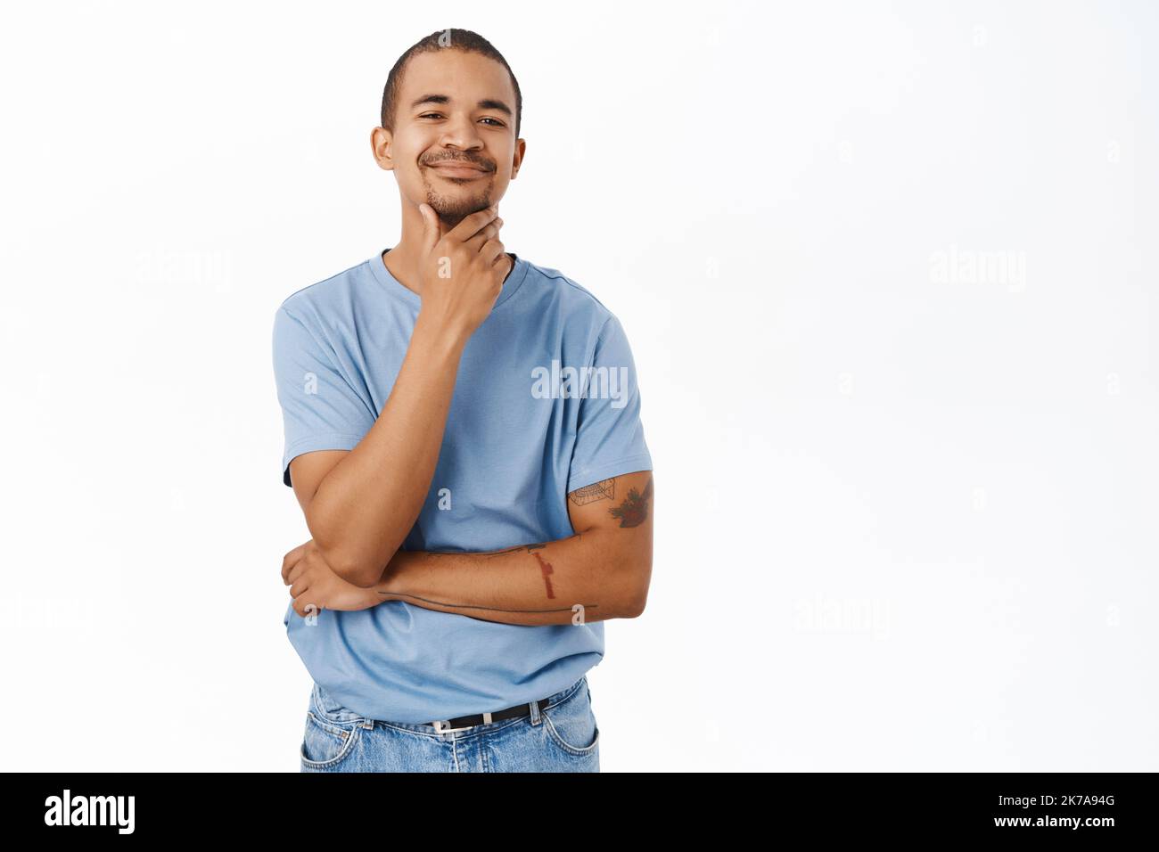 Image of smiling man looking with pleased intrigued face, nod in ...