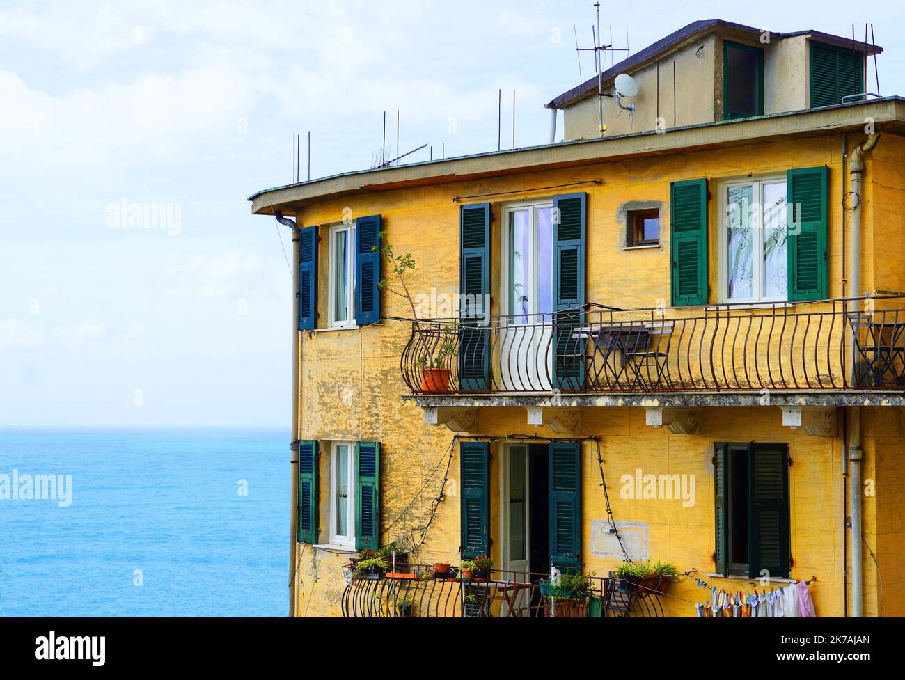 Typical old Italian house in Cinque Terre facing the Mediterranean ...