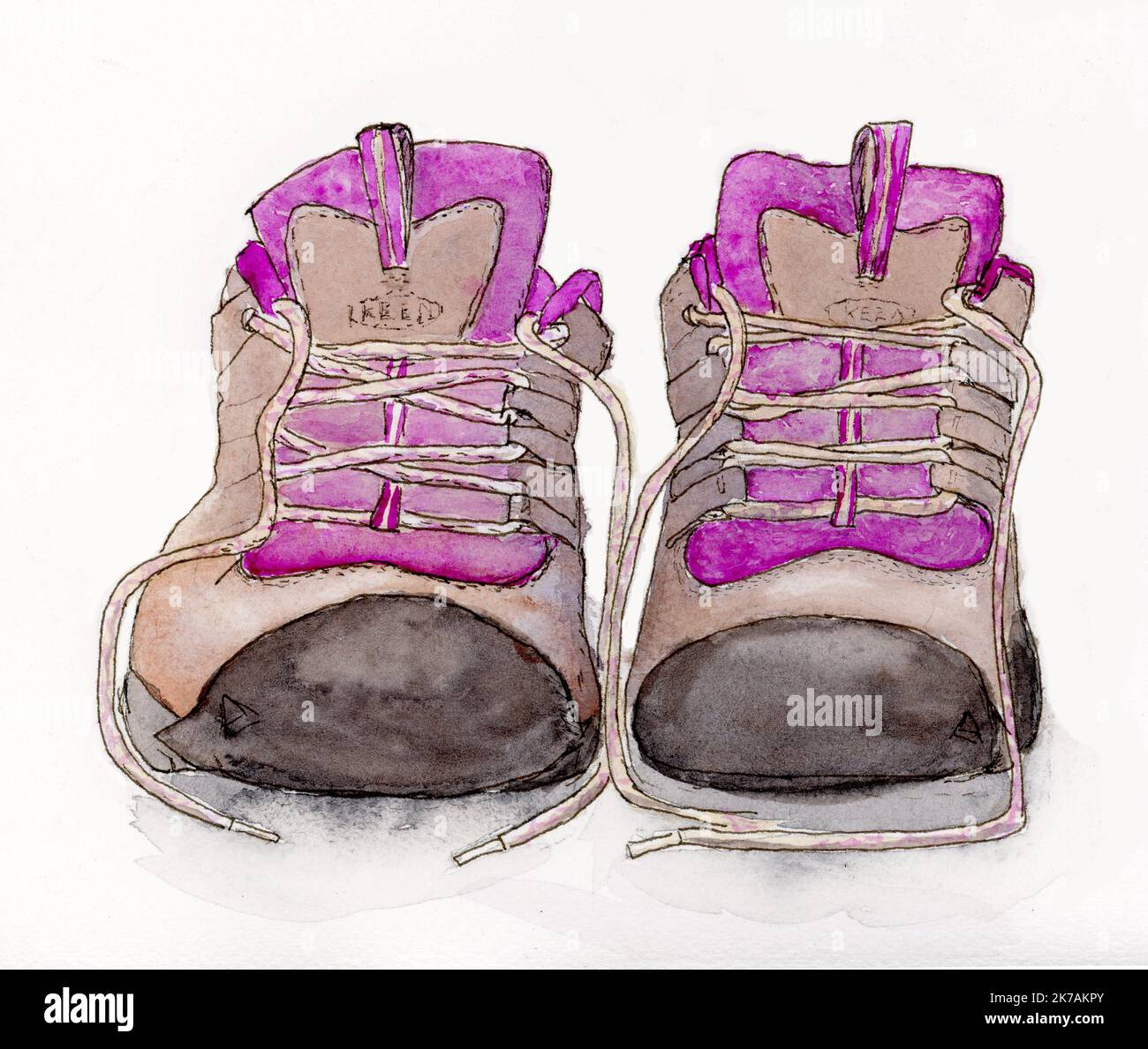 Watercolor and ink drawing of a pair of Keen's hiking boots Stock Photo ...