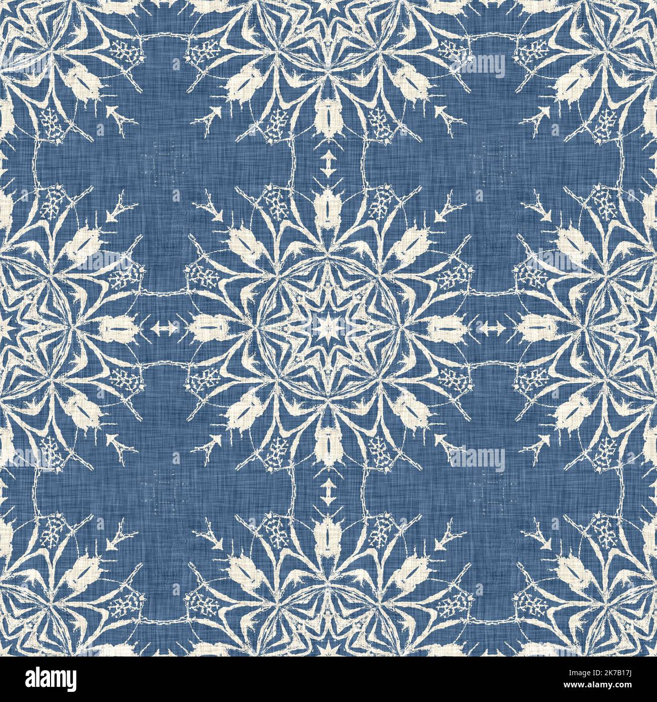 Farmhouse blue snow flake pattern background. Frosty batik damask ...
