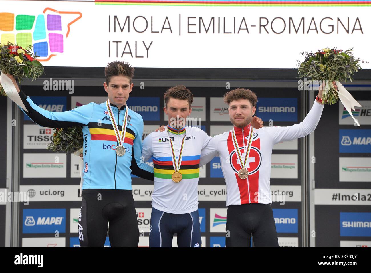 ©Andre Huber/MAXPPP ; From left, runner-up Belgium's Wout van Aert ...