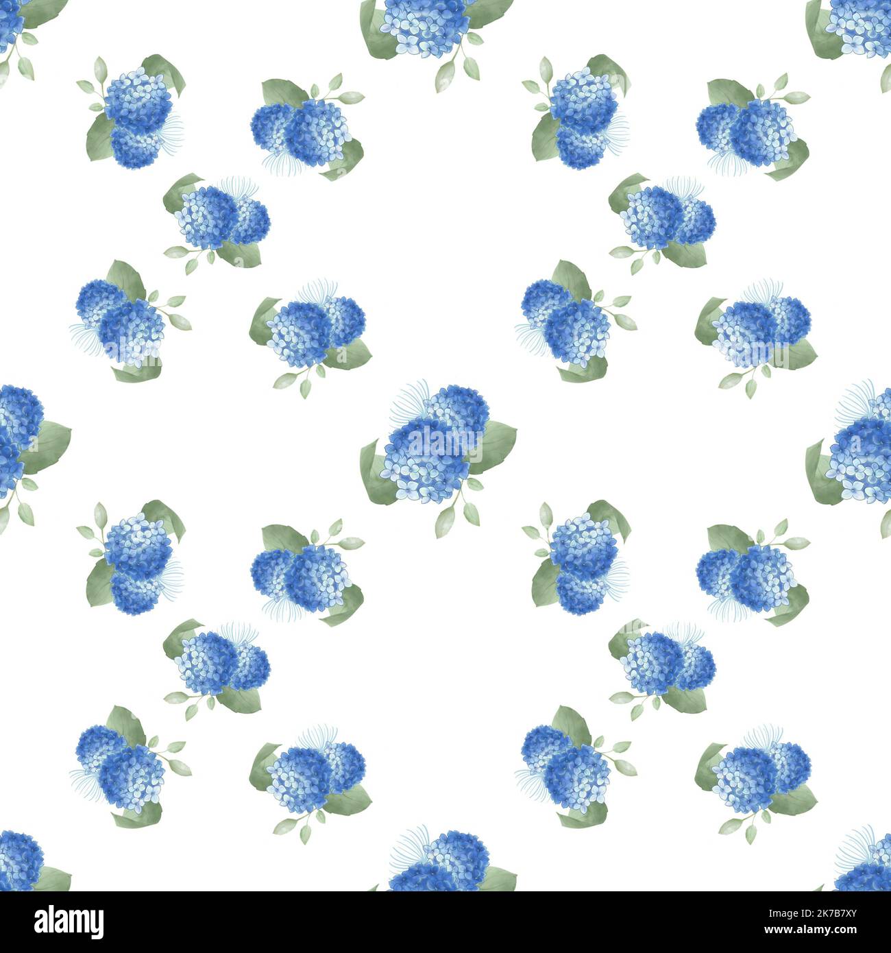 Watercolor seamless hydrangea pattern. Blue hydrangea with leaves on ...