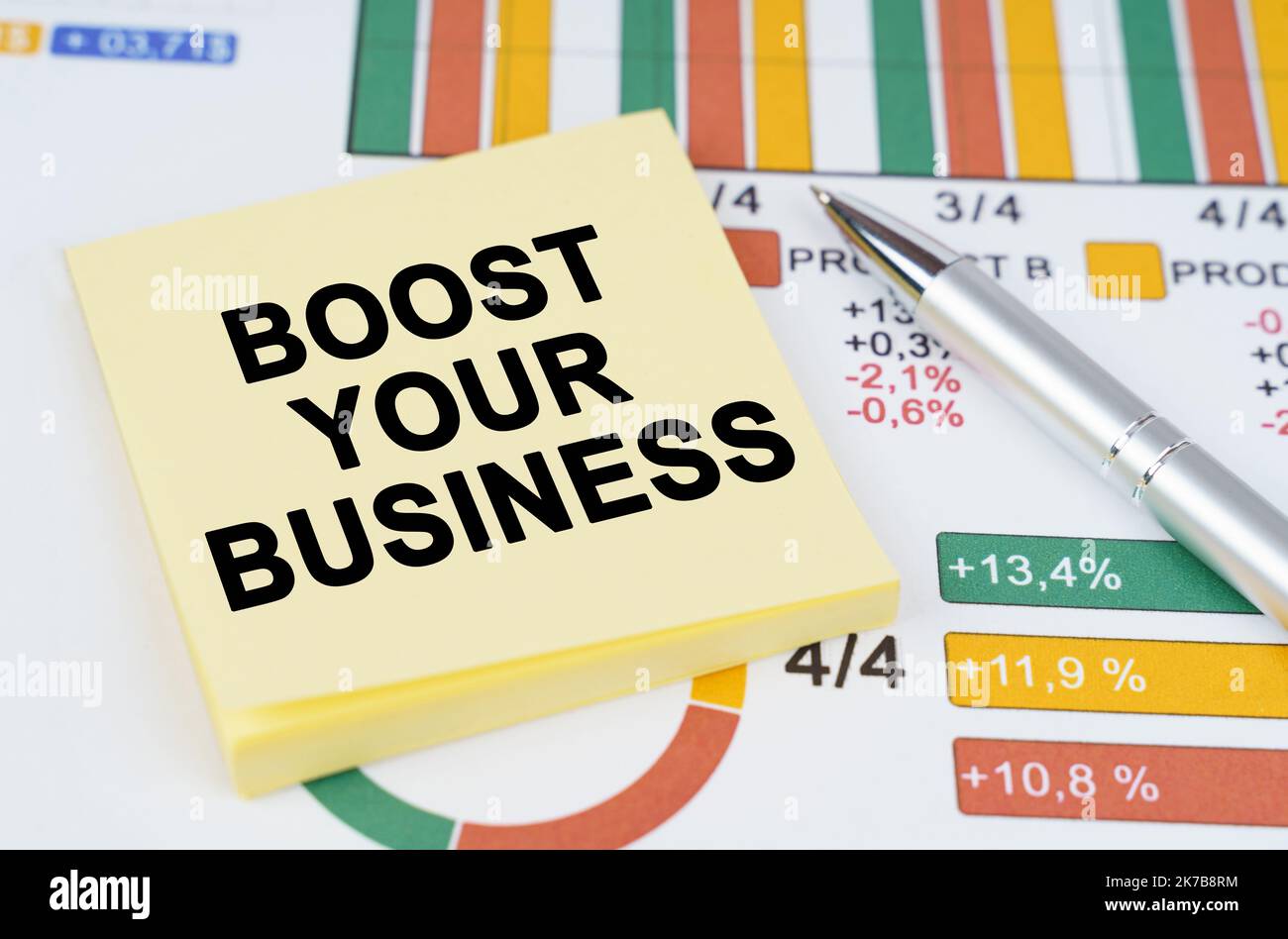 Business concept. On the business charts are a pen and stickers with ...