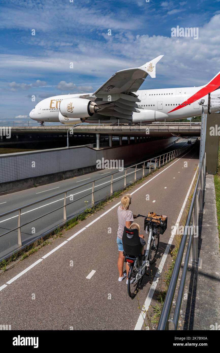 Amsterdam Schiphol Airport, Emirates Airbus A380, on the taxiway, to ...