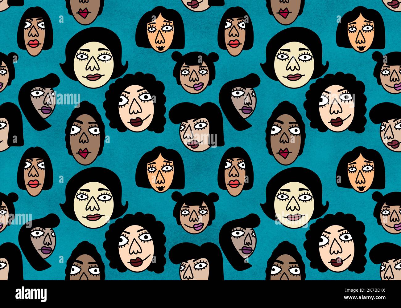 Cartoon women seamless character doodle face pattern for wrapping paper ...