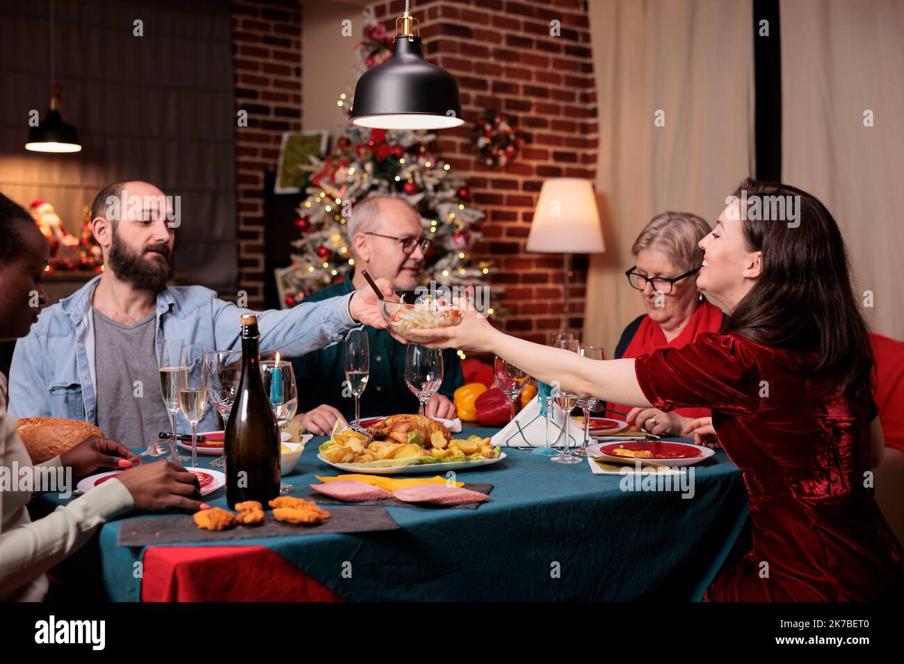 Big diverse family having christmas dinner, eating traditional food at ...