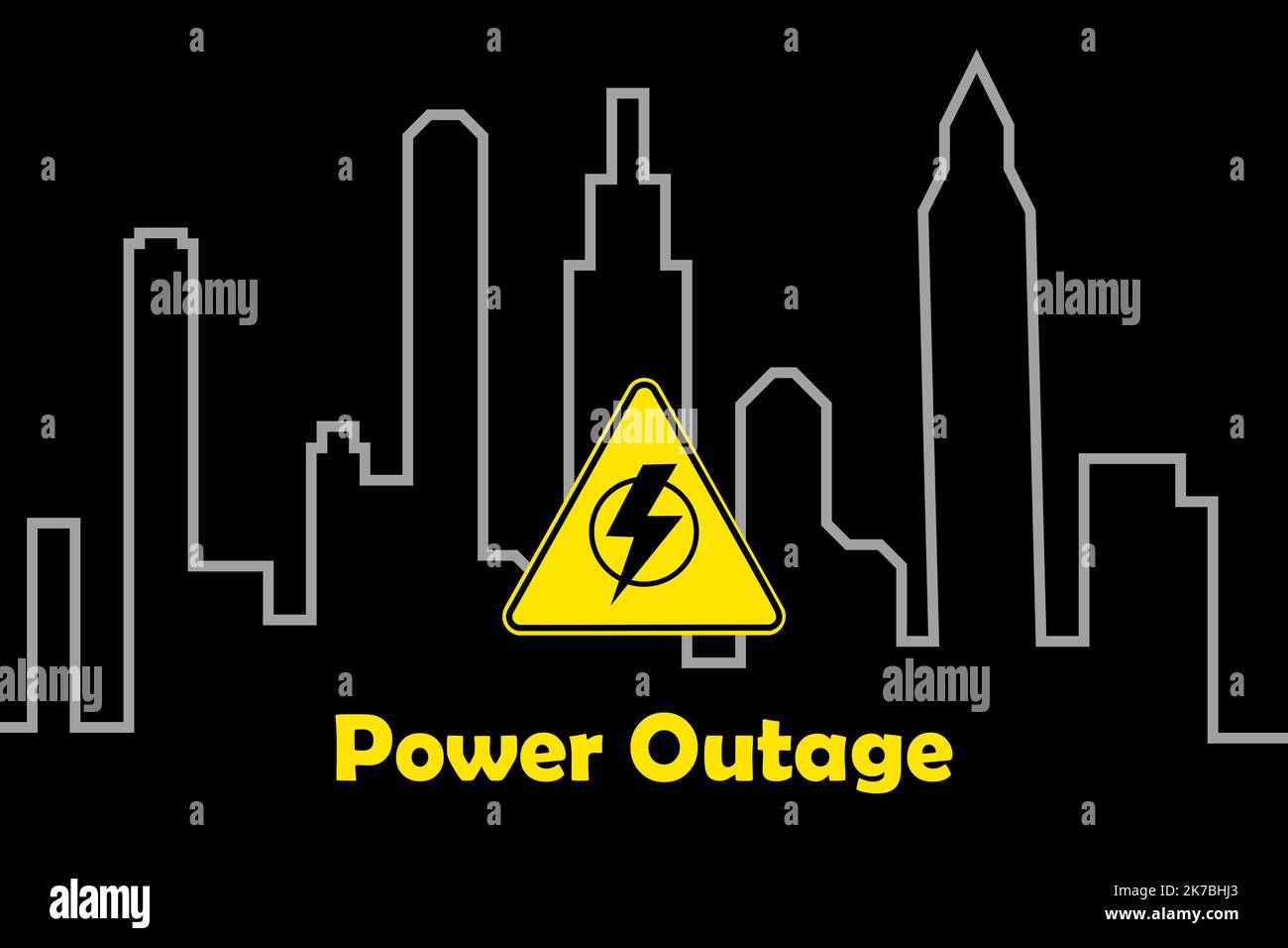 Power outage sign with city skyline. Skyscrapers and other buildings ...