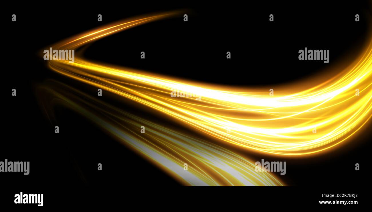 Abstract light lines of motion and speed in golden color. Light everyday glowing effect ...