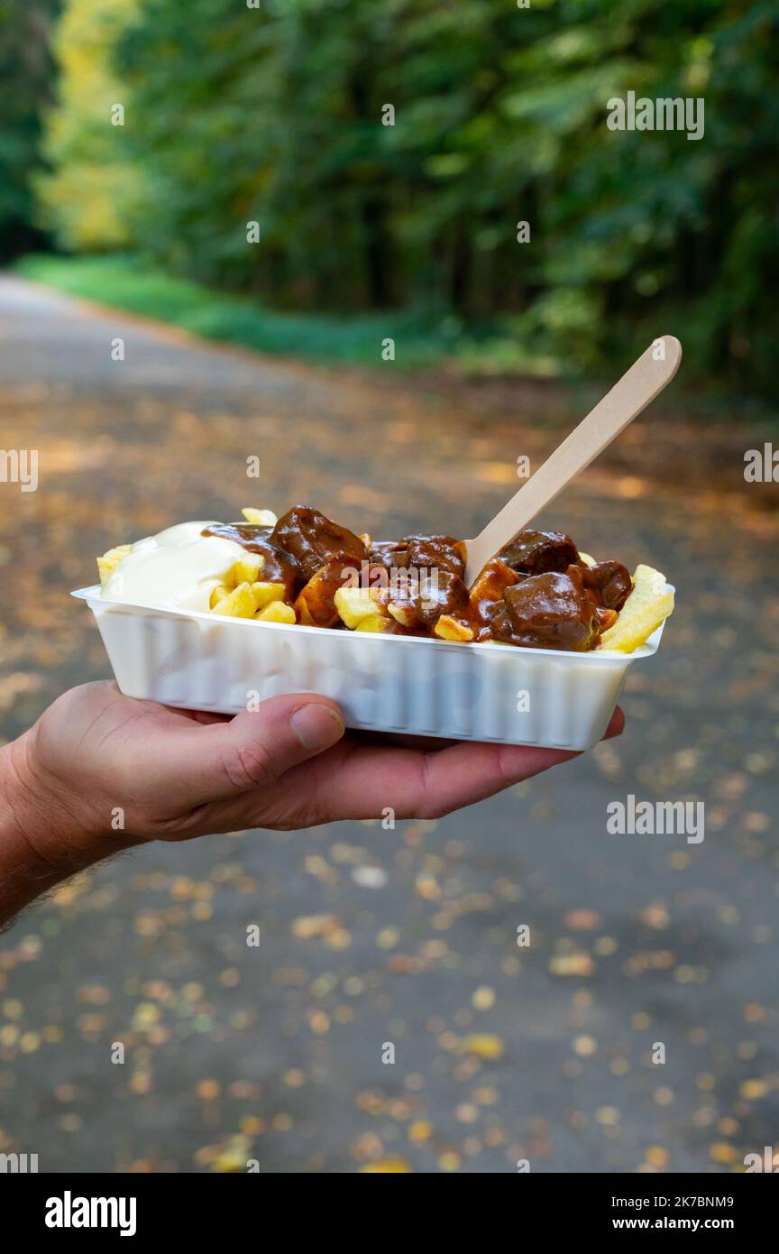 Traditional fast and street food in Belgium, French fried potatoes with ...