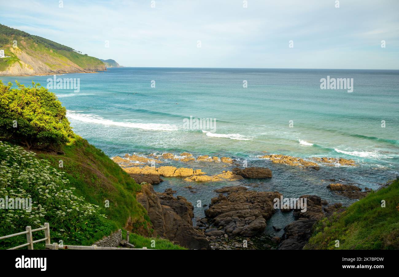 Atlantic ocean bay with sanly beach in Bakio, small touristic village ...