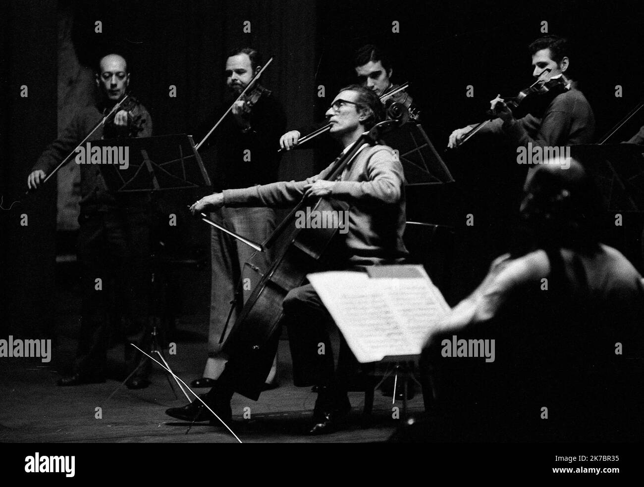 Antonio Janigro, Italian cellist, rehearses with the Camerata Bariloche ...