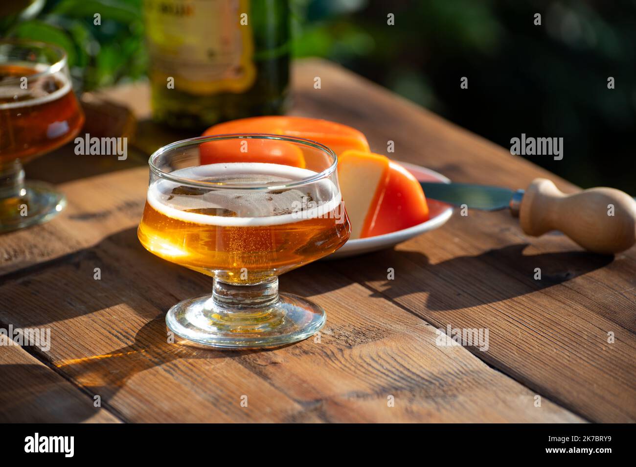Food and drink pairing, apple cider in glasses produced on organic farm ...