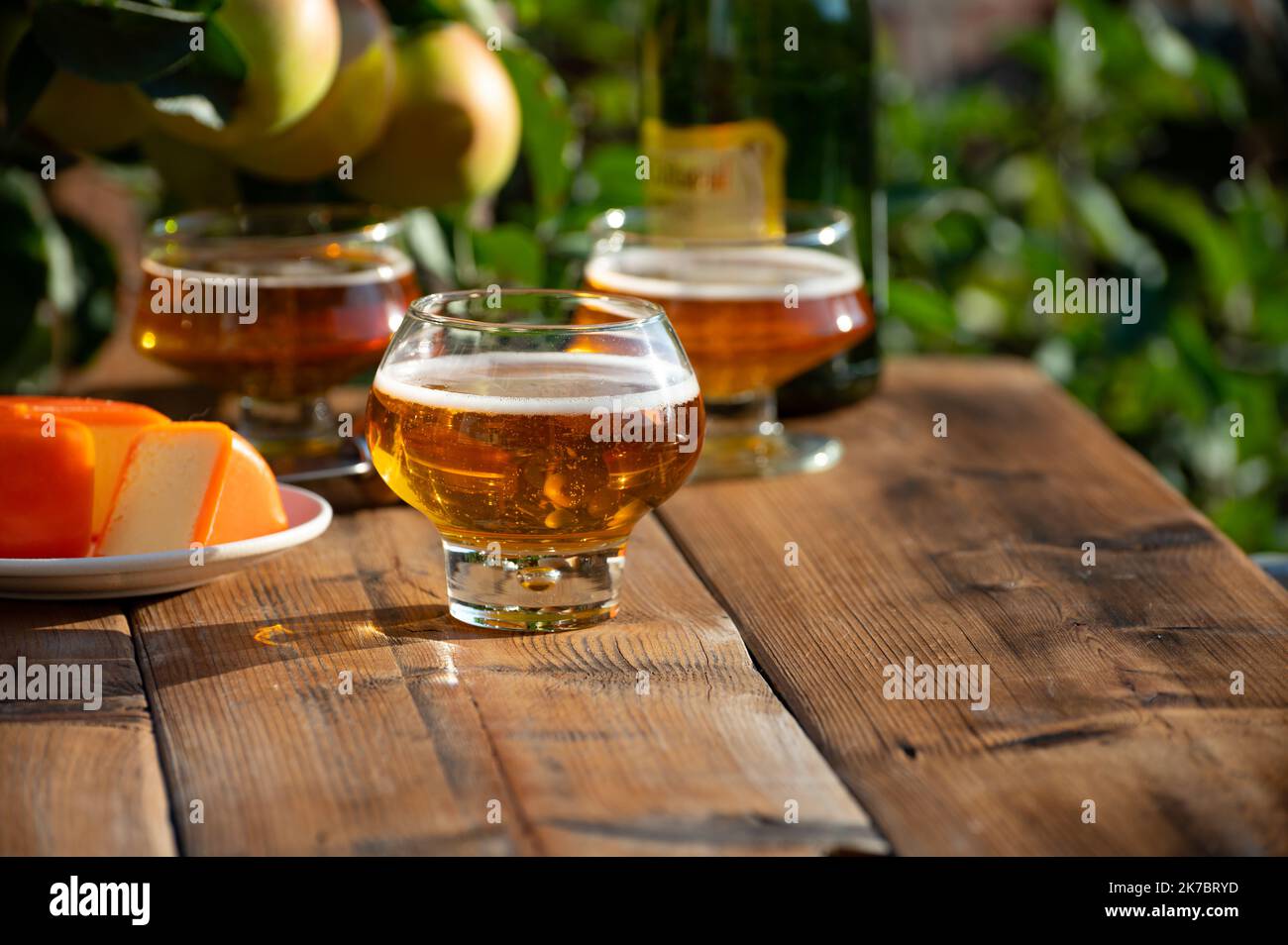 Food and drink pairing, apple cider in glasses produced on organic farm ...