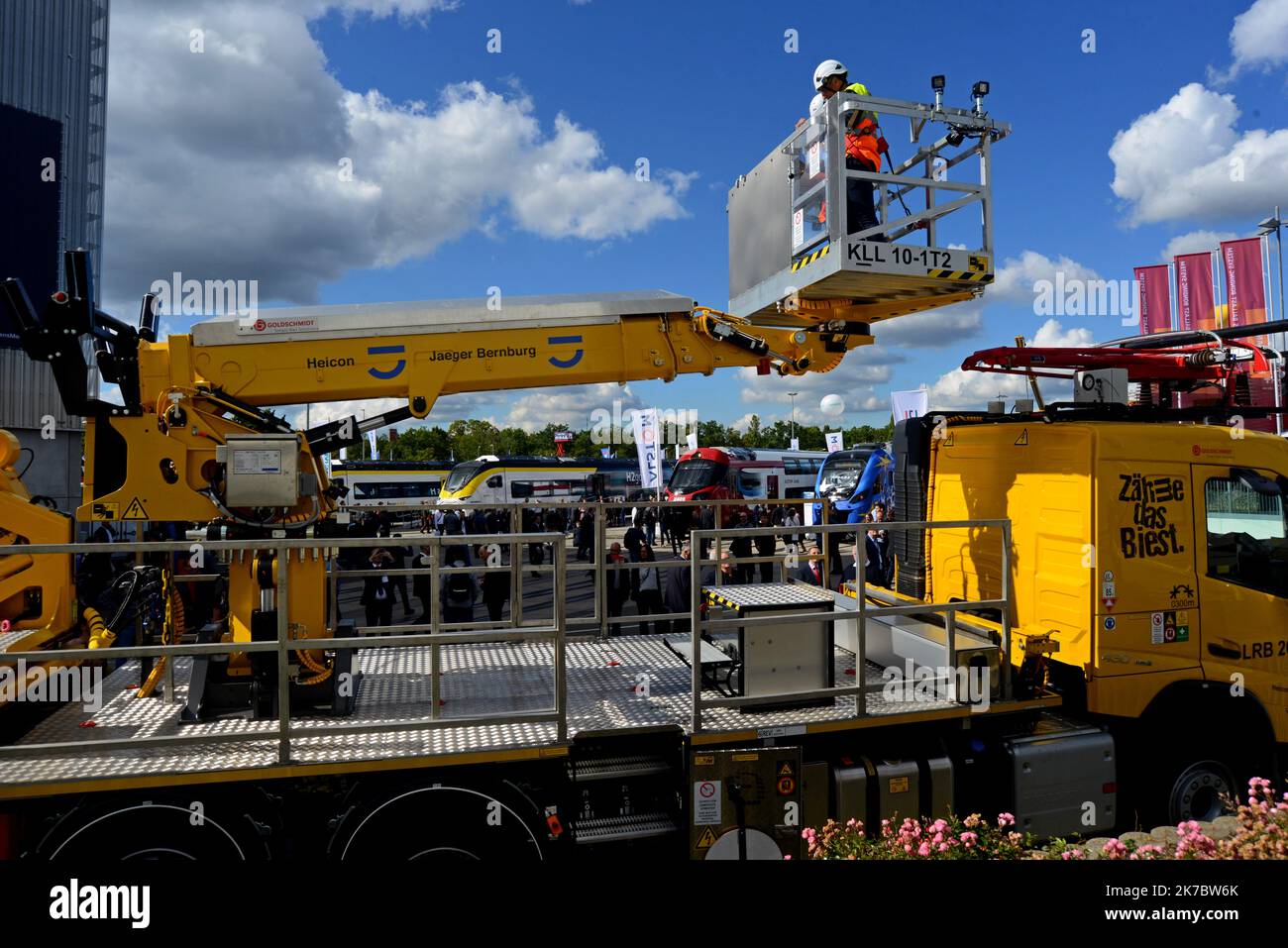 A road rail elevated work platform or cherry picker being demonstrated ...