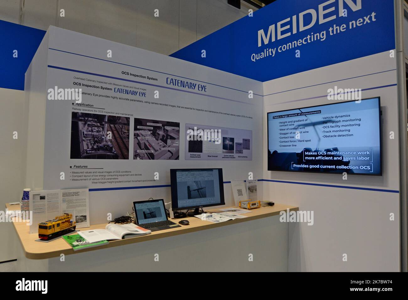 Electrified overhead line testing equipment on display on a trade stand ...