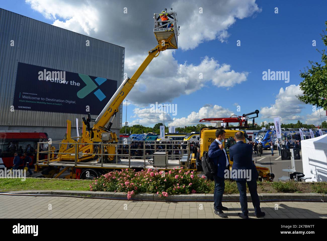A road rail elevated work platform or cherry picker being demonstrated ...