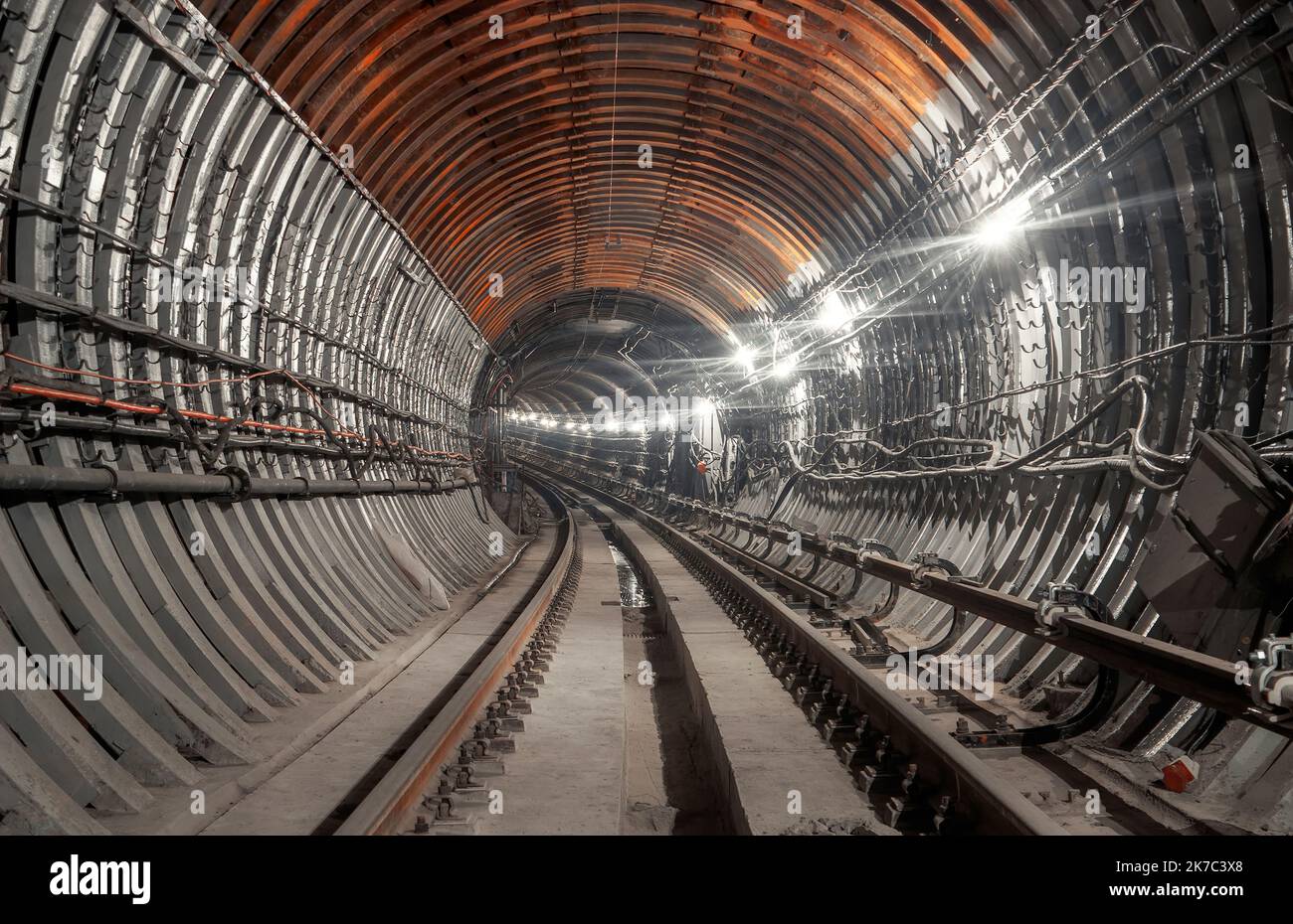 New construction of an underground subway tunnel. Circular section ...