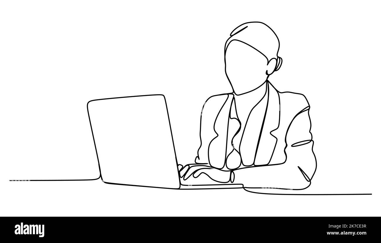 Business woman working on a laptop - Continuous one line drawing Stock ...