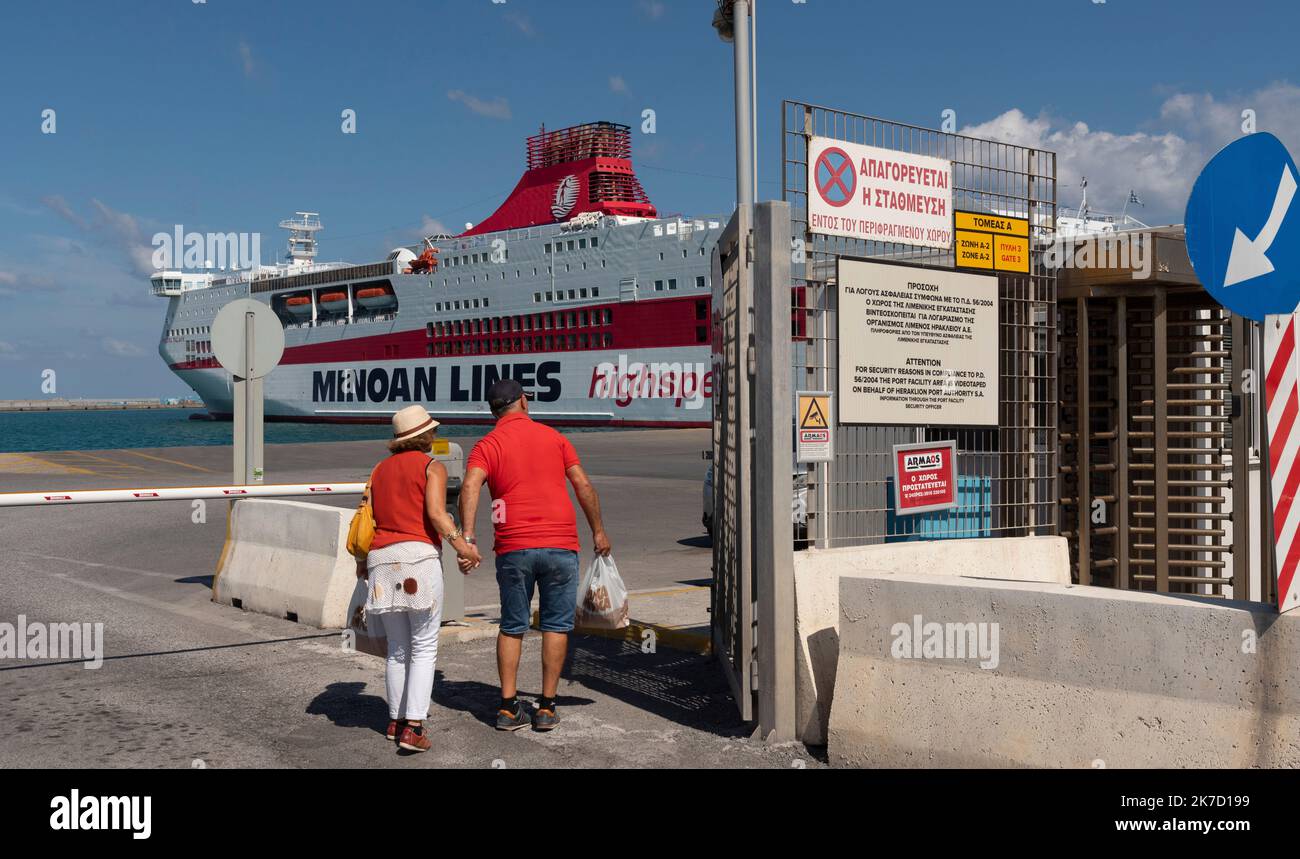 Port of Heraklion, Crete, Greece. 2022. Ship passengers arriving at the ...
