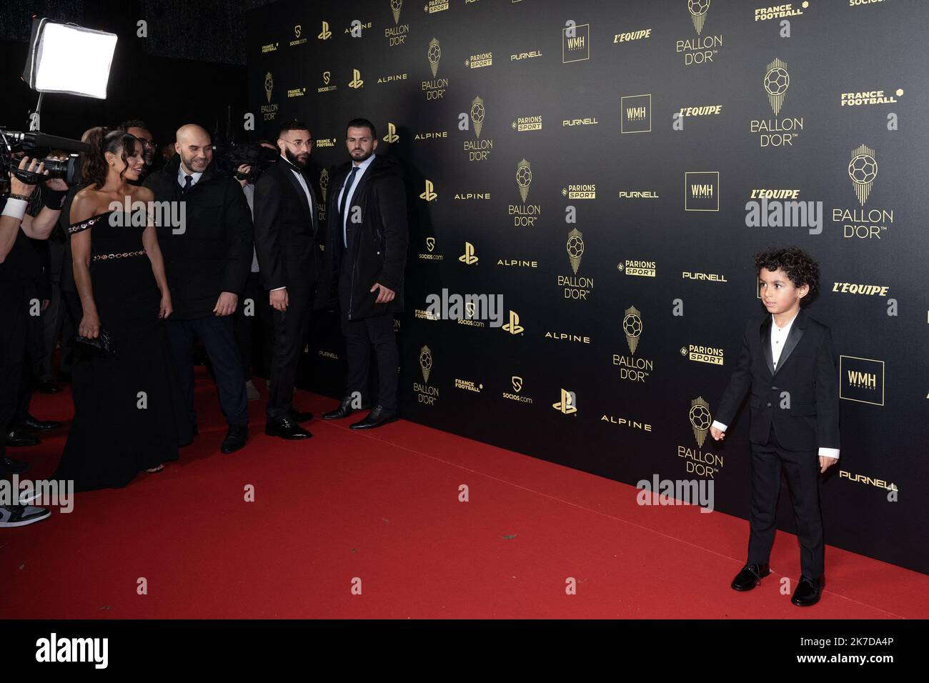 Karim Benzema of Real Madrid with his son Ibrahim arrive at the Ballon ...