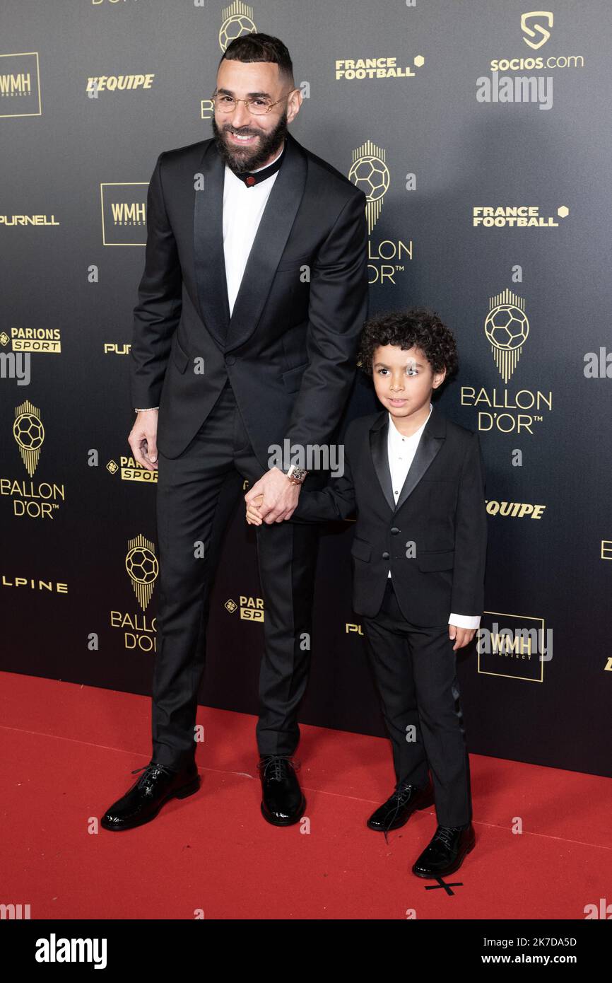 Karim Benzema of Real Madrid with his son Ibrahim arrive at the Ballon ...