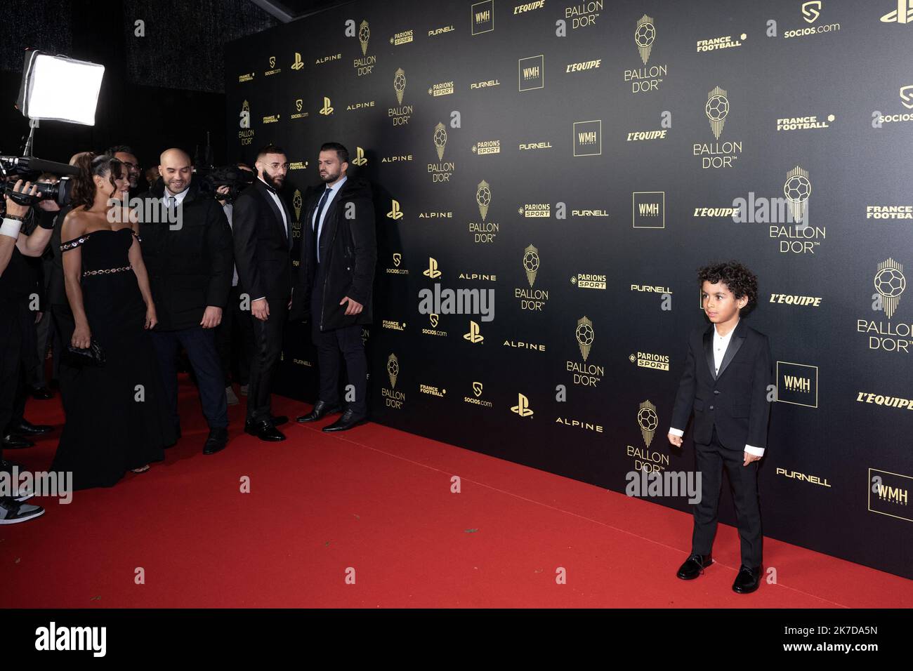 Karim Benzema of Real Madrid with his son Ibrahim arrive at the Ballon ...