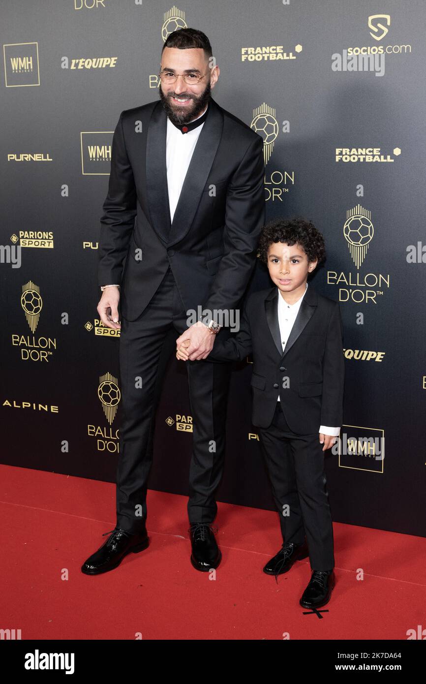 Karim Benzema of Real Madrid with his son Ibrahim arrive at the Ballon ...