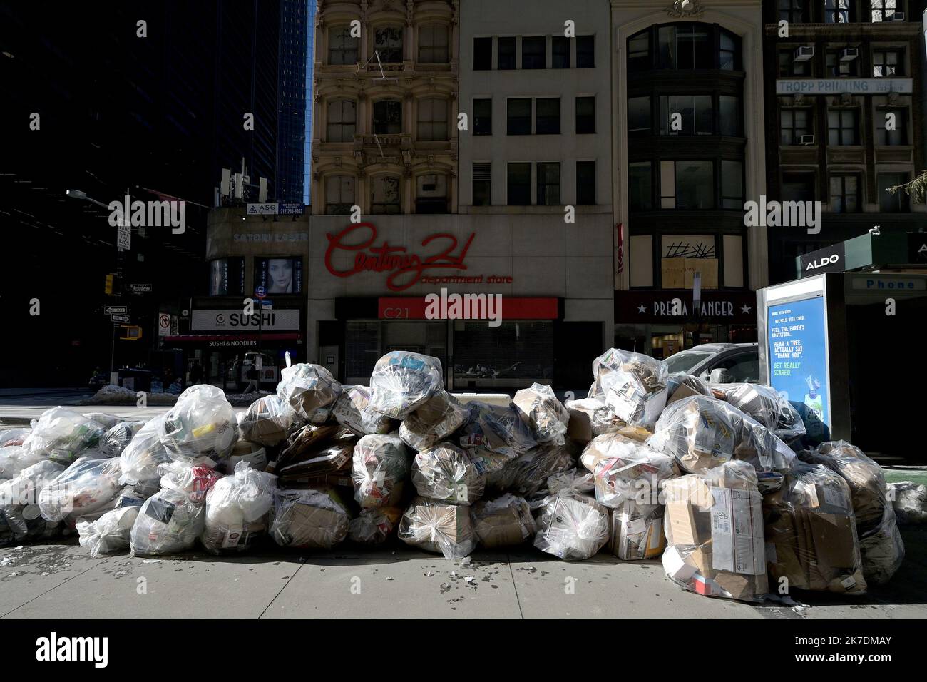 Piles of uncollected garbage seen in lower Manhattan, after two snow ...