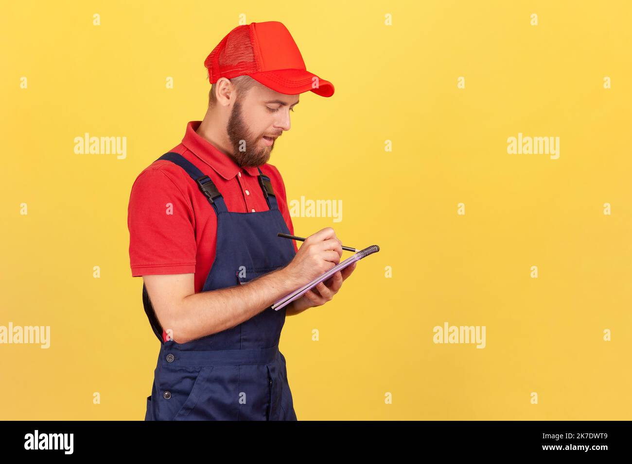 Portrait of serious handyman wearing blue overalls standing with paper ...