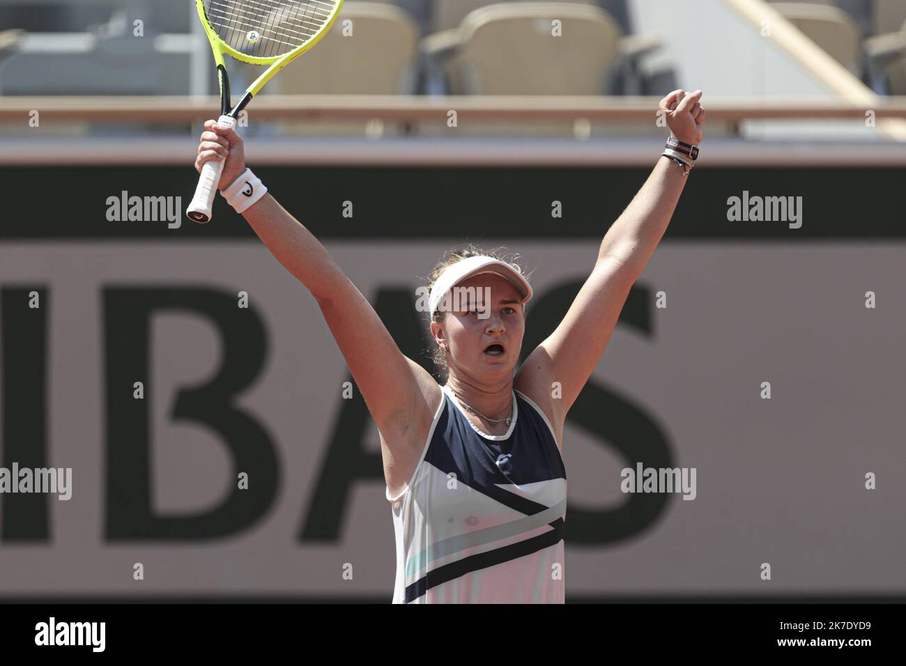 ©Sebastien Muylaert/MAXPPP - Barbora Krejcikova of Czech Republic reacts after winning during ...