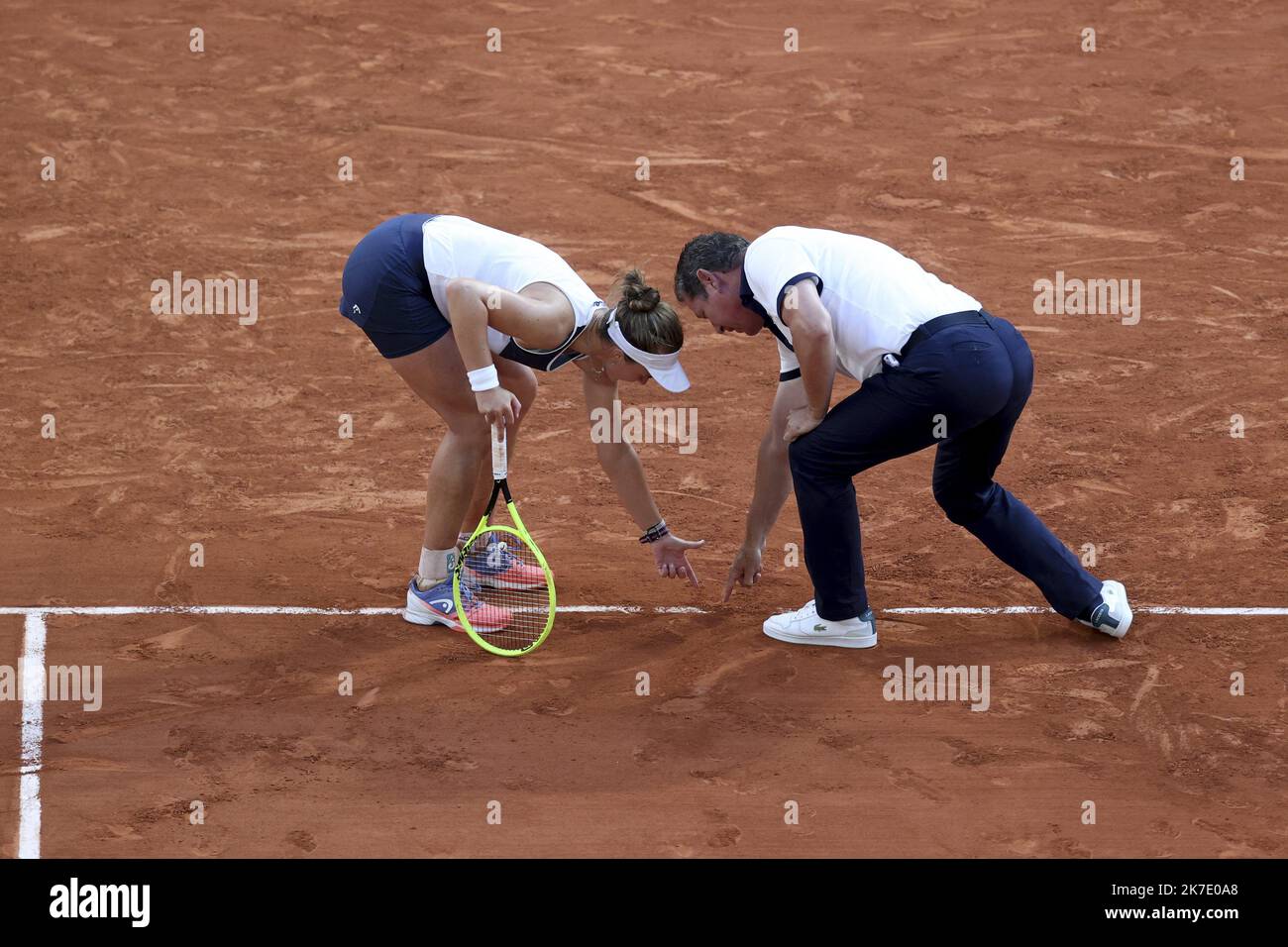 ©Sebastien Muylaert/MAXPPP - Barbora Krejcikova of The Czech Republic points to the court as she ...