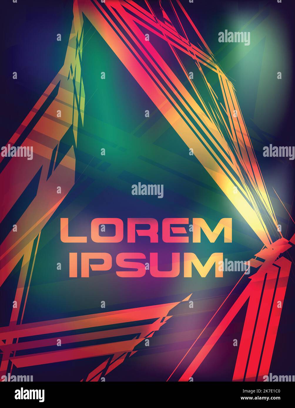 Abstract bright color poster with triangular frame on dark background ...