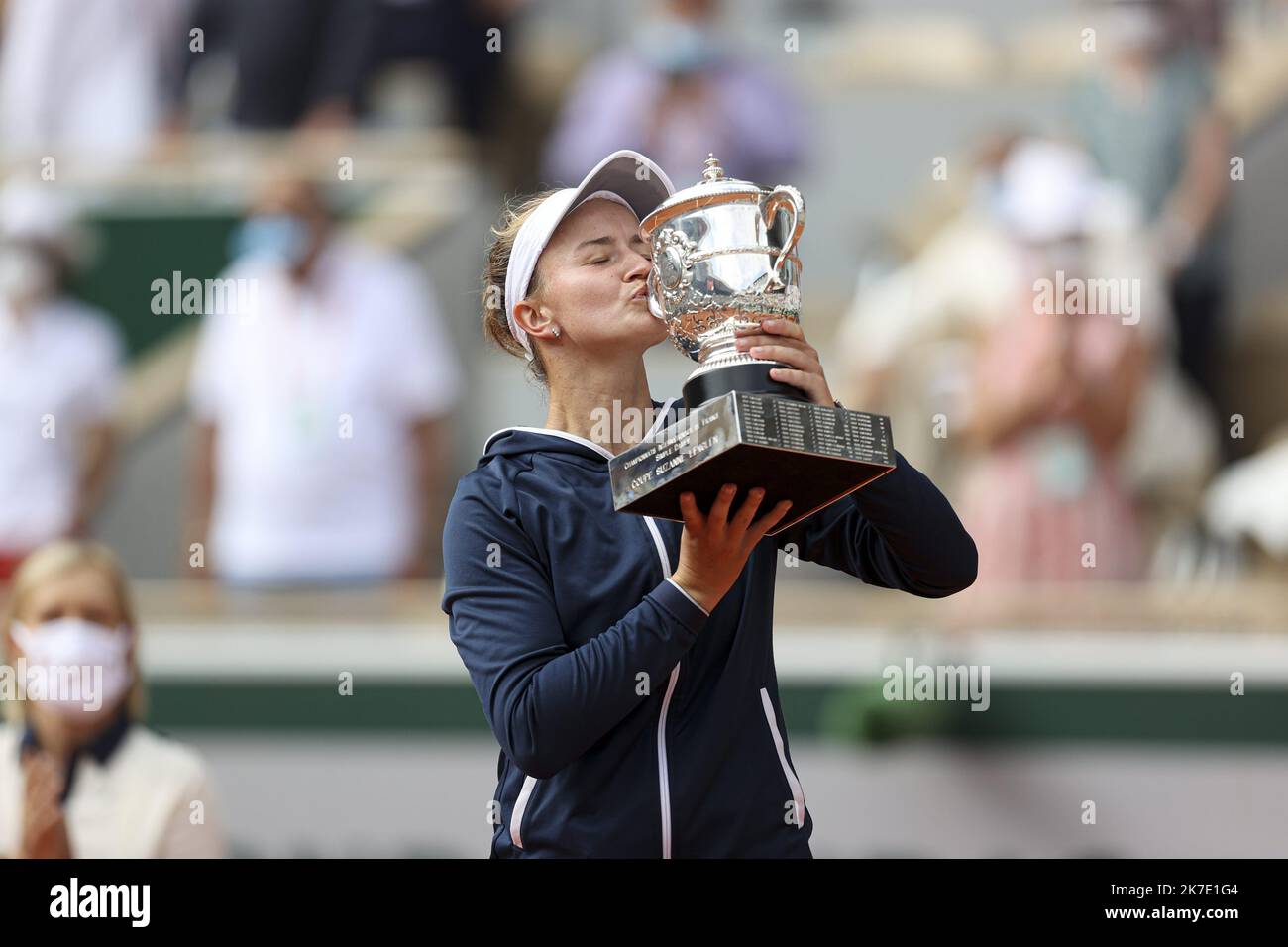 ©Sebastien Muylaert/MAXPPP - Match Winner Barbora Krejcikova of Czech Republic kisses the ...