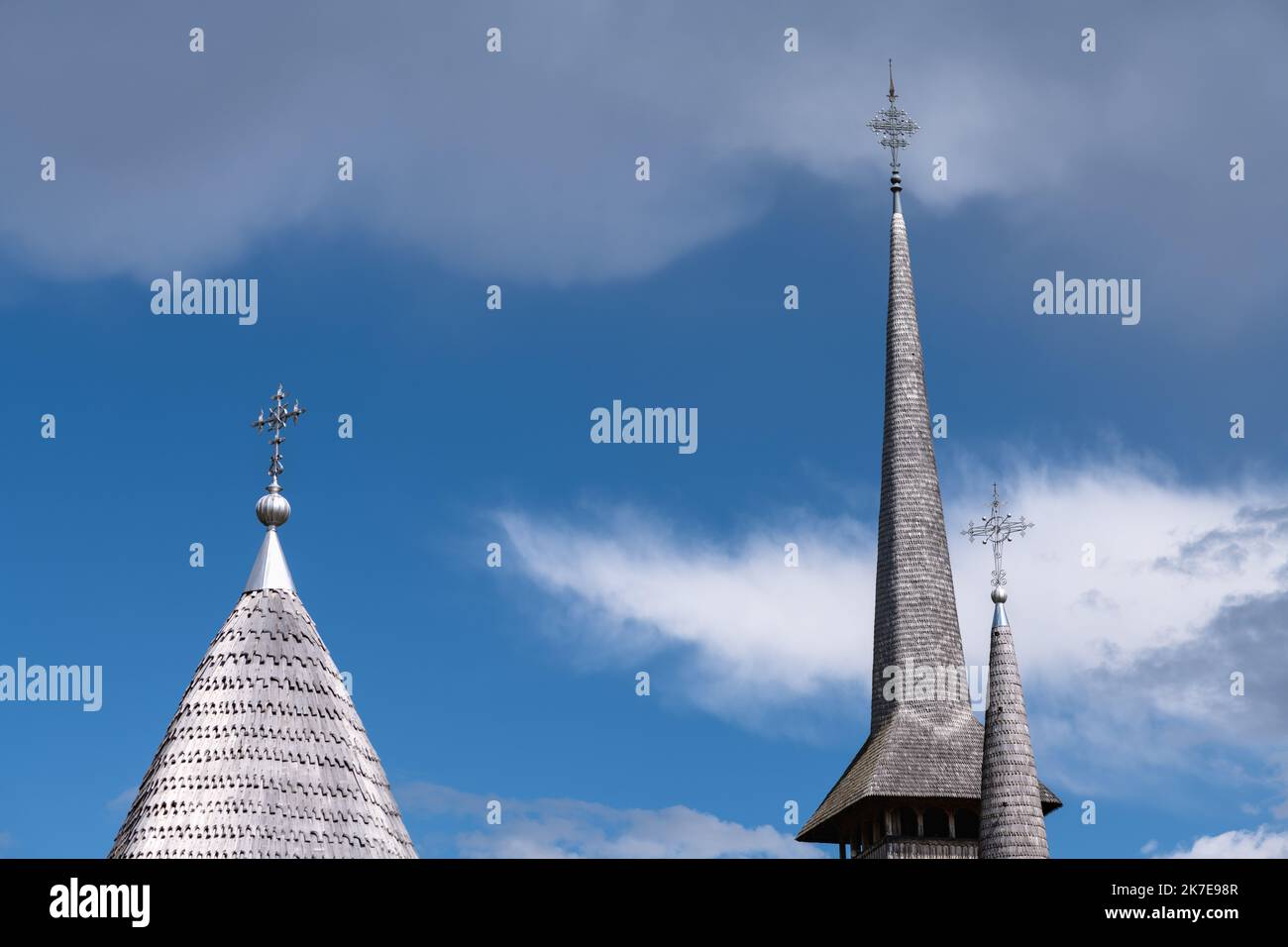 Detail of a traditional church roof in Maramures, Romania. The roof is ...