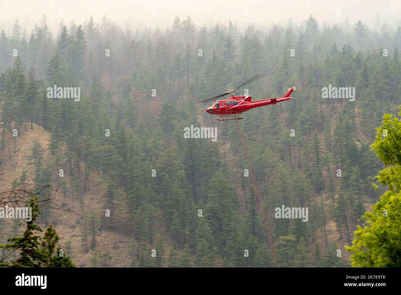 A helicopter drops water on a forest fire burning at the Nohomin Creek ...