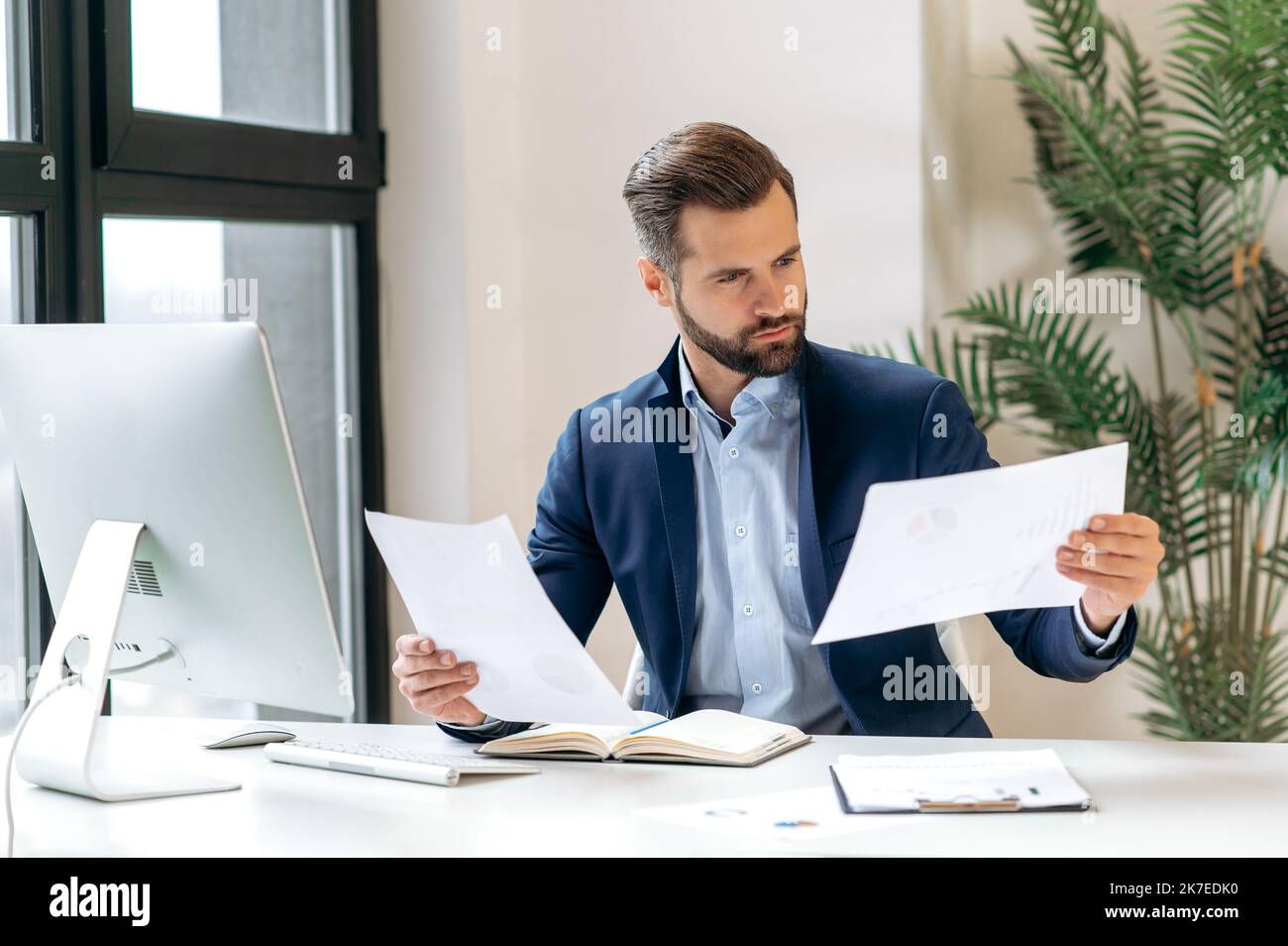 Work with financial documents. Concentrated clever successful caucasian ...