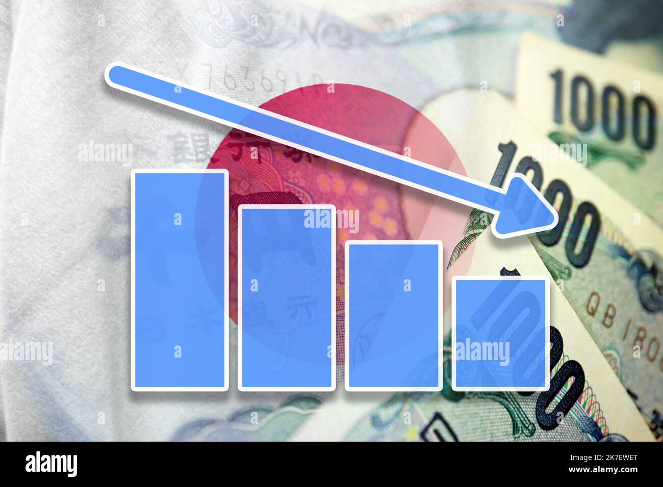 Economy Graph - Downward Arrow, Japan Flag and Cash Japanese Yen ...