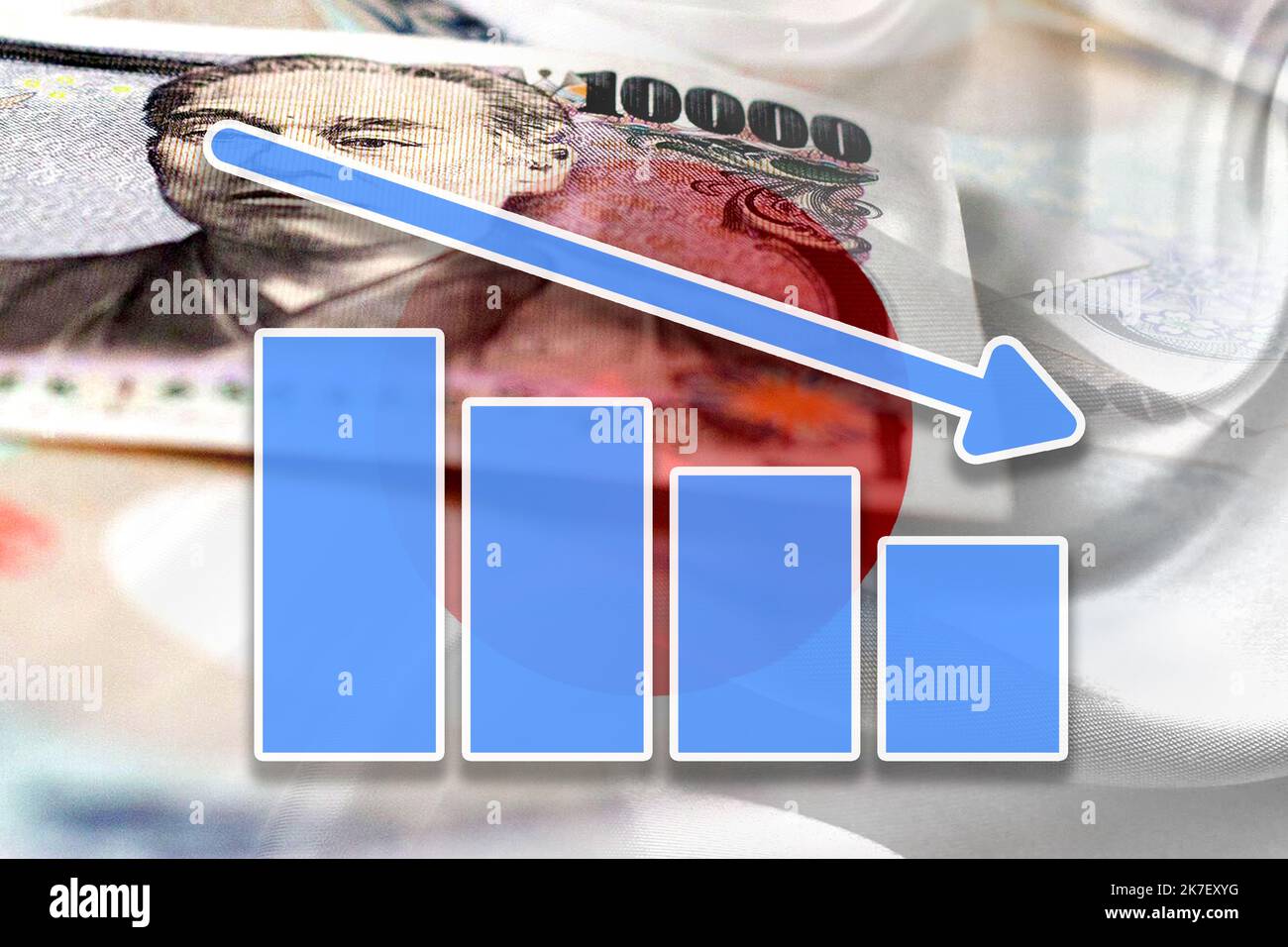 Economy Graph - Downward Arrow, Japan Flag and Cash Japanese Yen ...