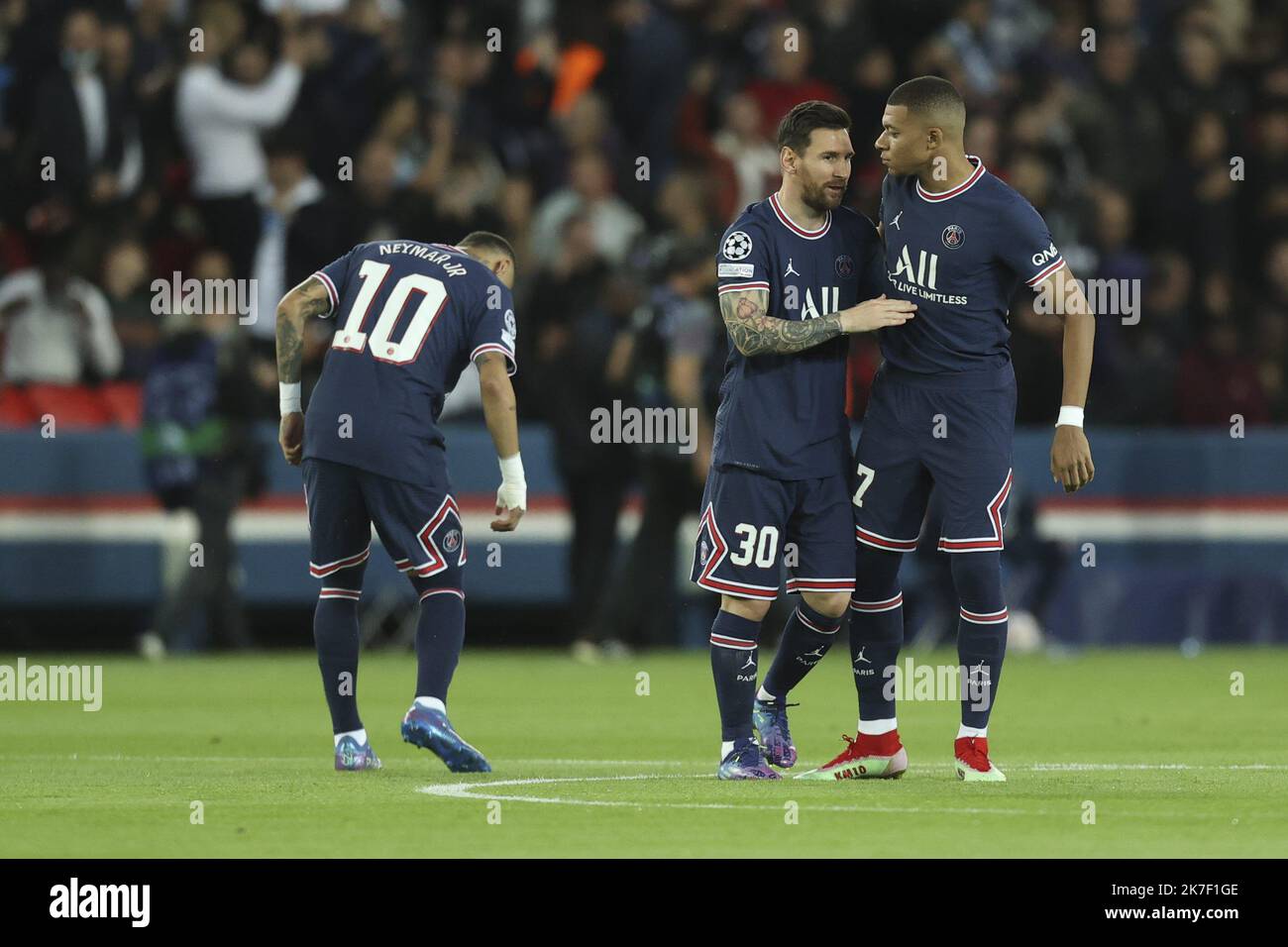©Sebastien Muylaert/MAXPPP - Lionel Messi and Kylian Mbappe of PSG during the UEFA Champions ...