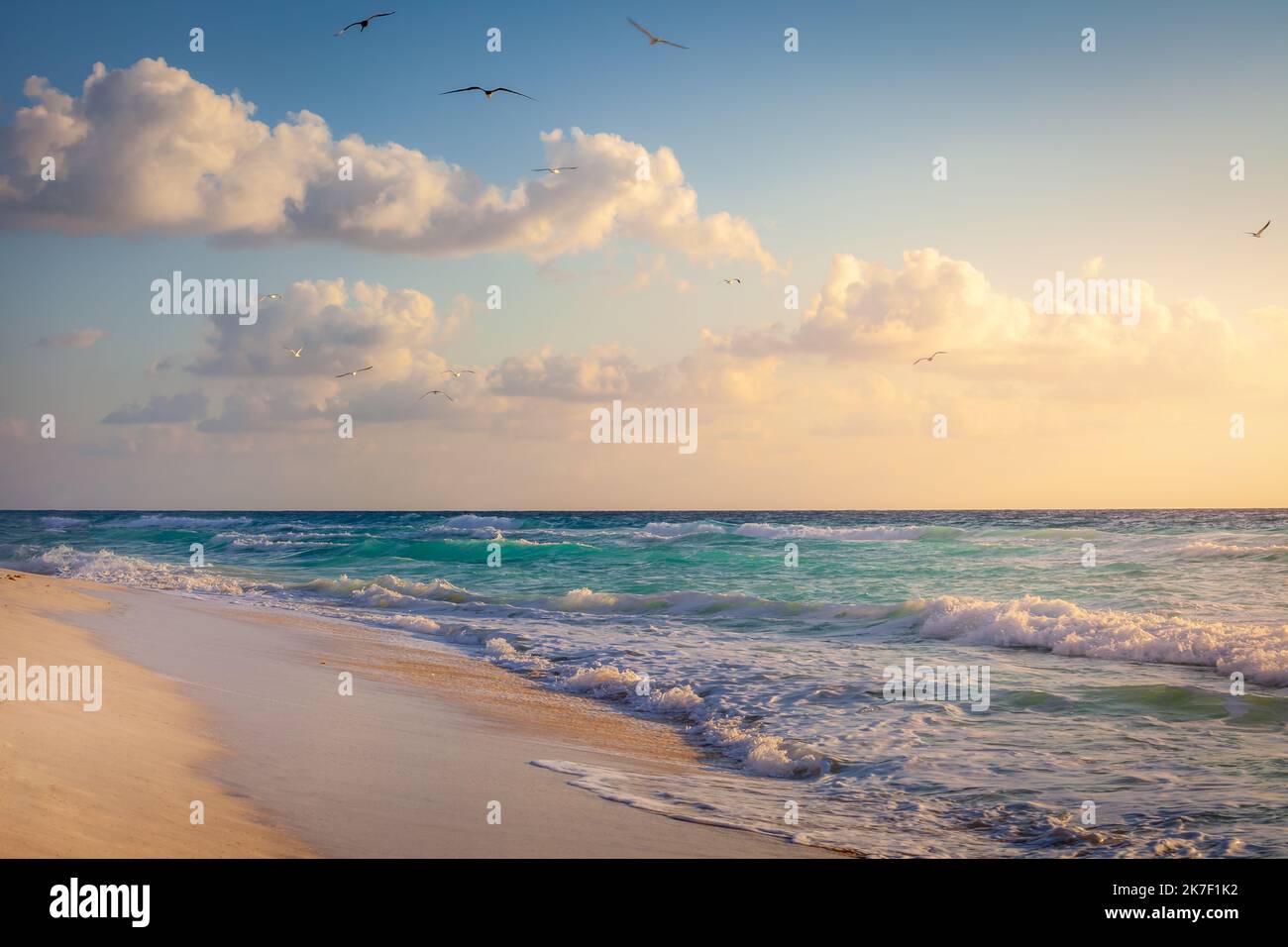 Cancun idyllic caribbean beach at sunset, Riviera Maya, Mexico Stock ...