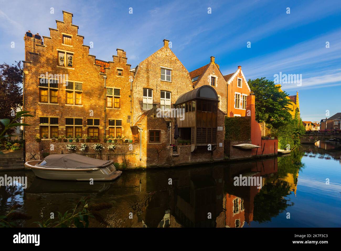 Typical residential buildings in historic center of Ghent along Leie ...