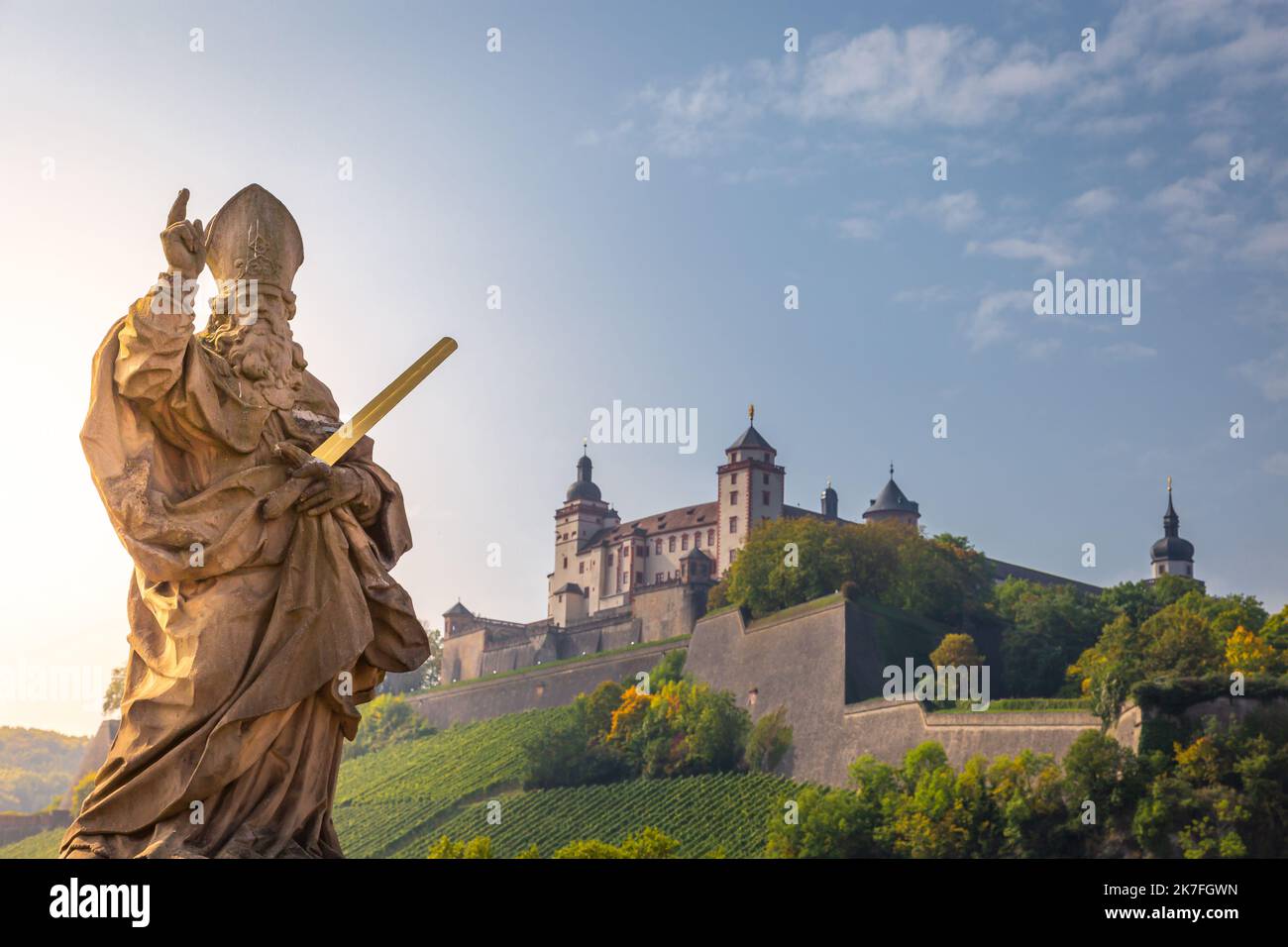 Religious saint in Wurzburg at sunrise, Franconia, Northern Bavaria ...