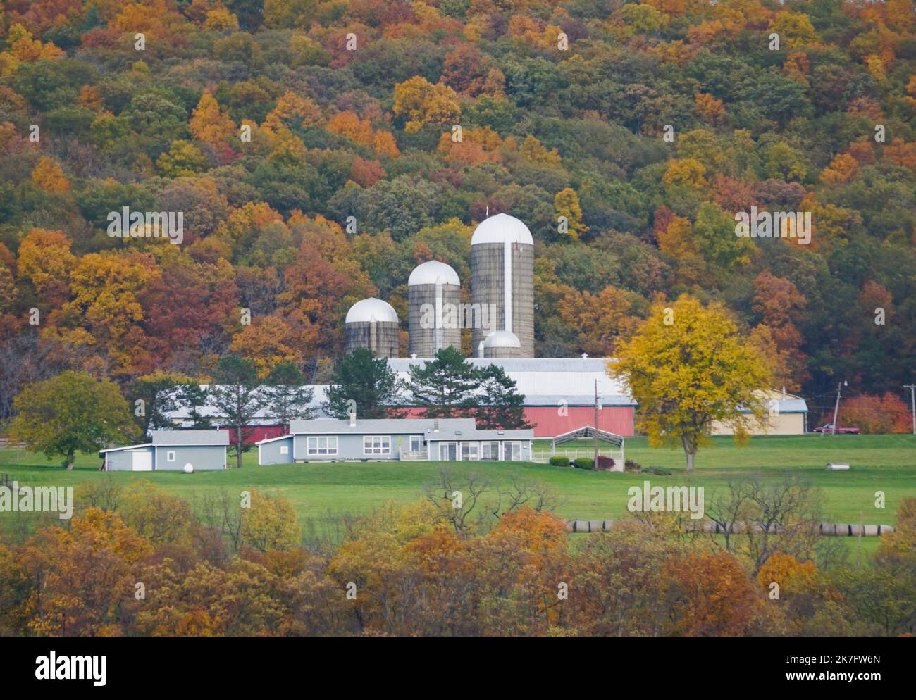 A red farm with silo and the background of fall foliage near Watkins ...