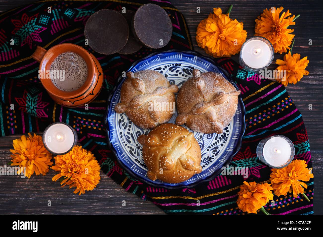 Mexican bread on Altar with sugar skull and hot chocolate traditional ...